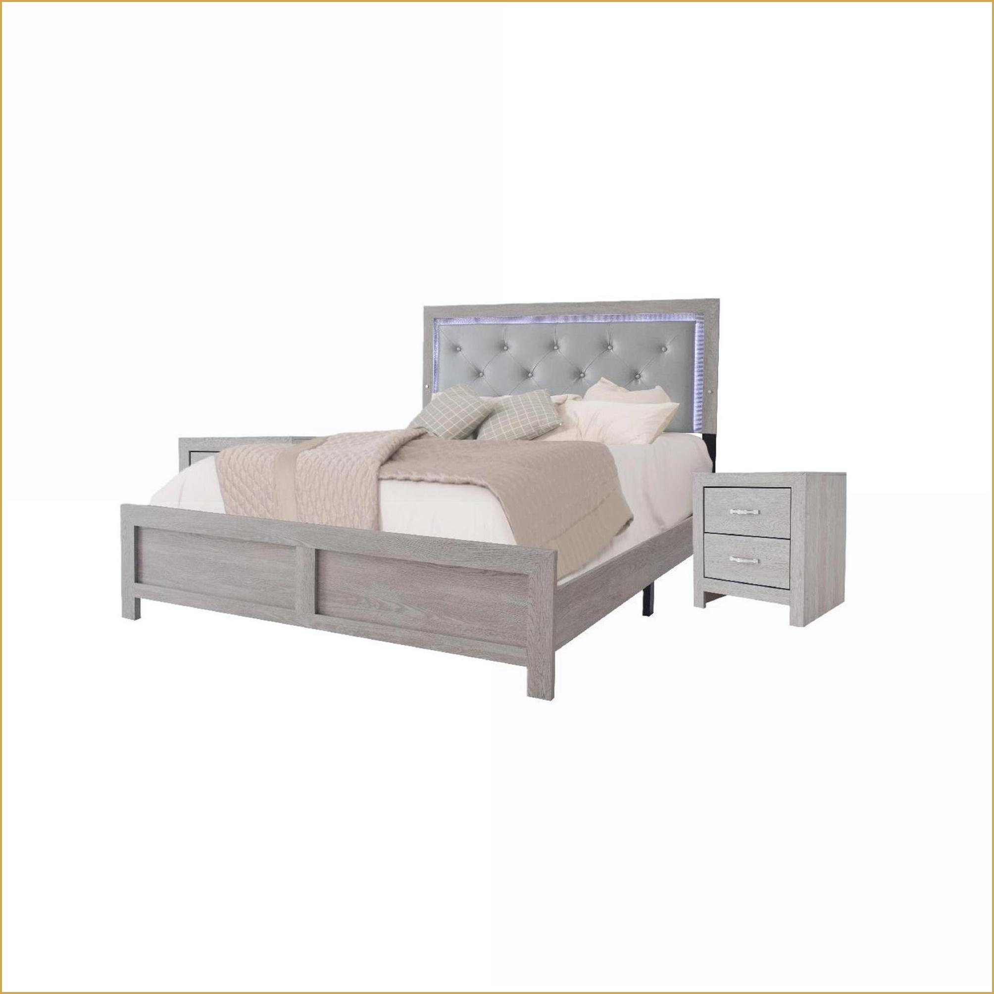 Latitude Run® Queen Size Wooden Panel Bed with Beige Faux Leather LED ...