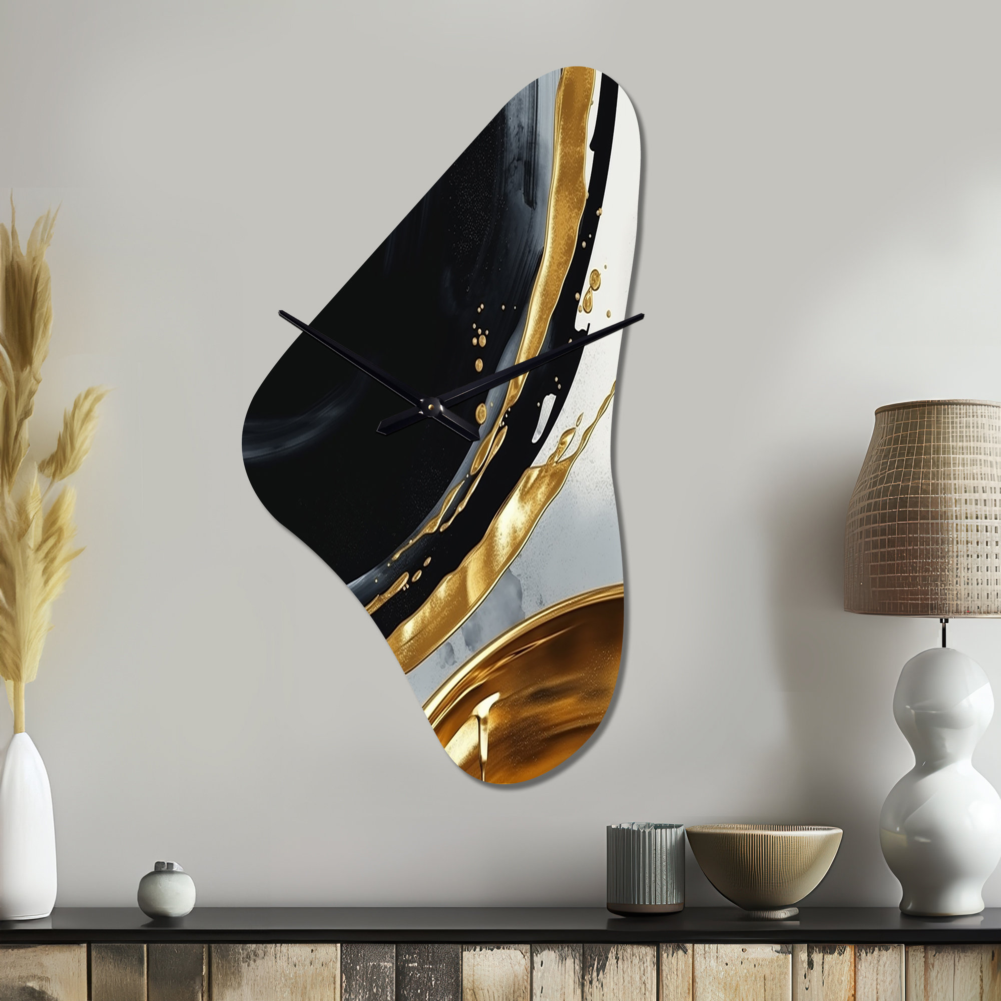 East Urban Home Nargas Black Gold Abstract Shapes Marble I - Asymmetrical Marble Metal Clock ...