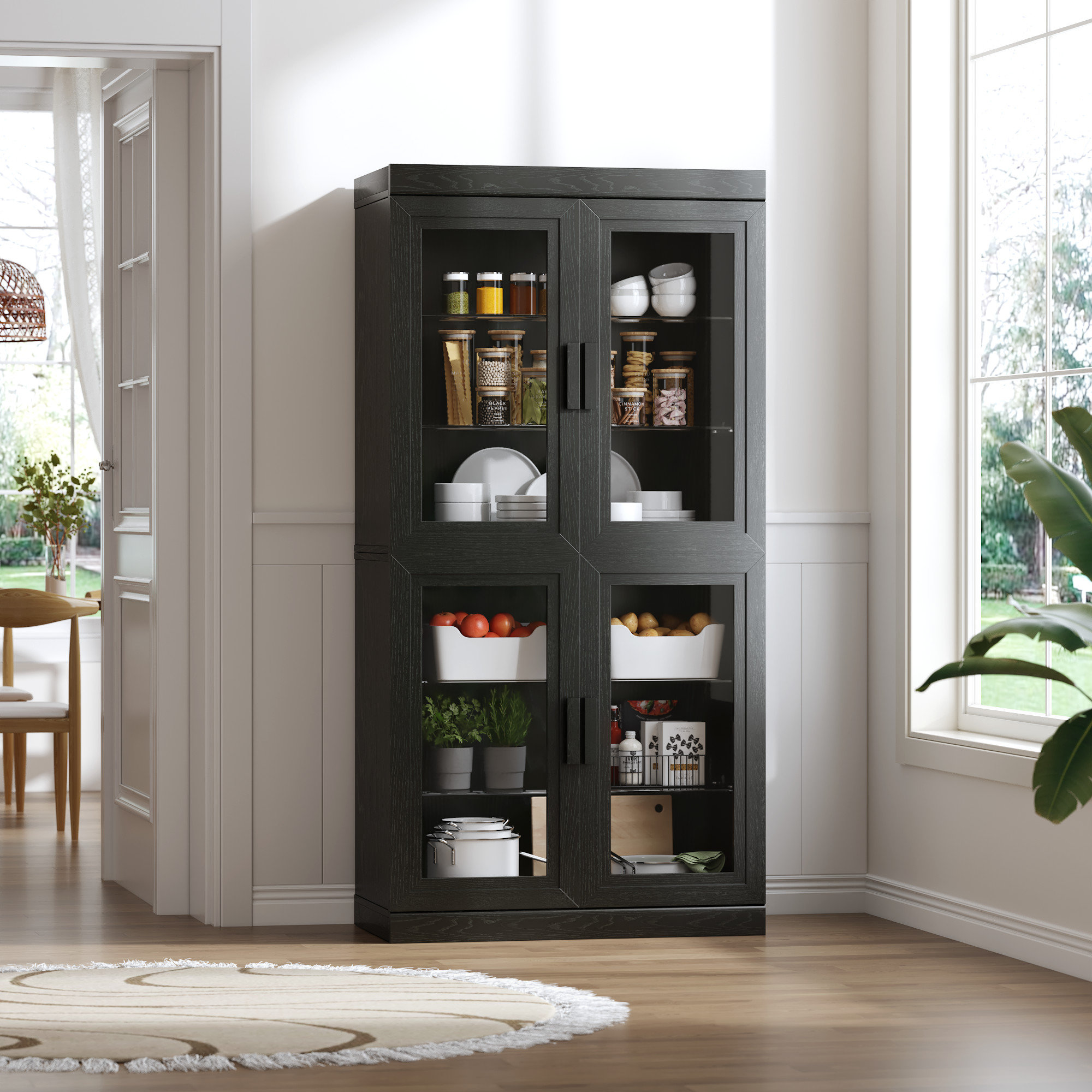 Ebern Designs 62" Black Wood China Cabinet Display Cabinet with Glass ...