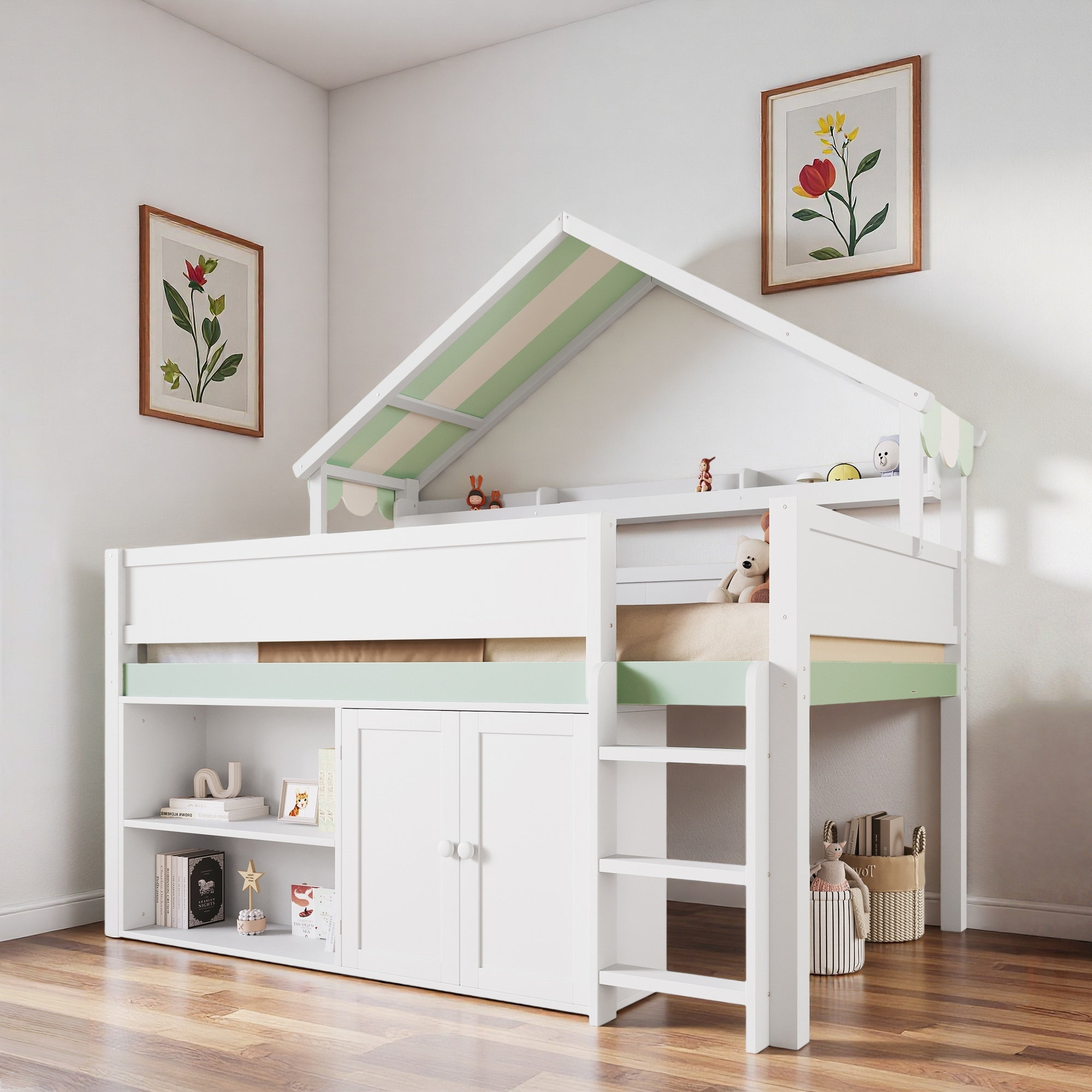 Harriet Bee Loft Bed With Built-in Shelves, Storage Cabinet And Canopy ...