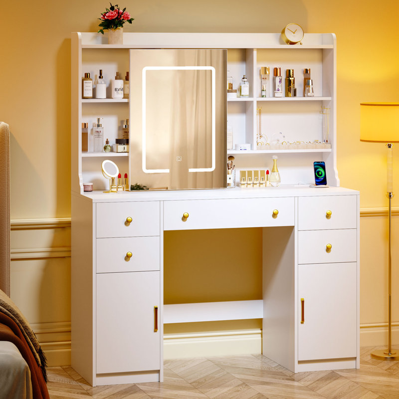 Latitude Run® Vanity Desk With Sliding Led Mirror | Wayfair