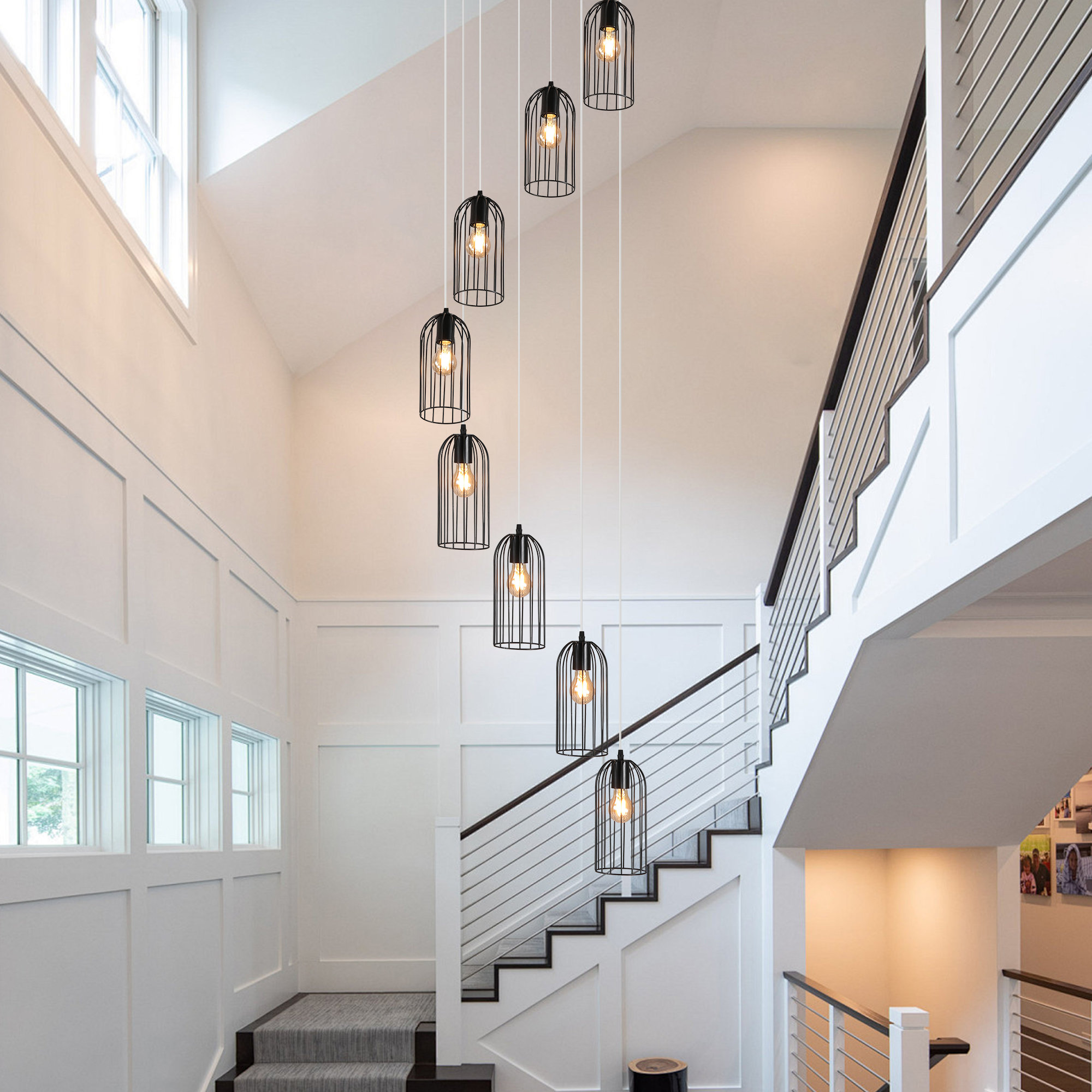 Ebern Designs 8 - Light Modern Caged Pendant Light Long Staircase ...
