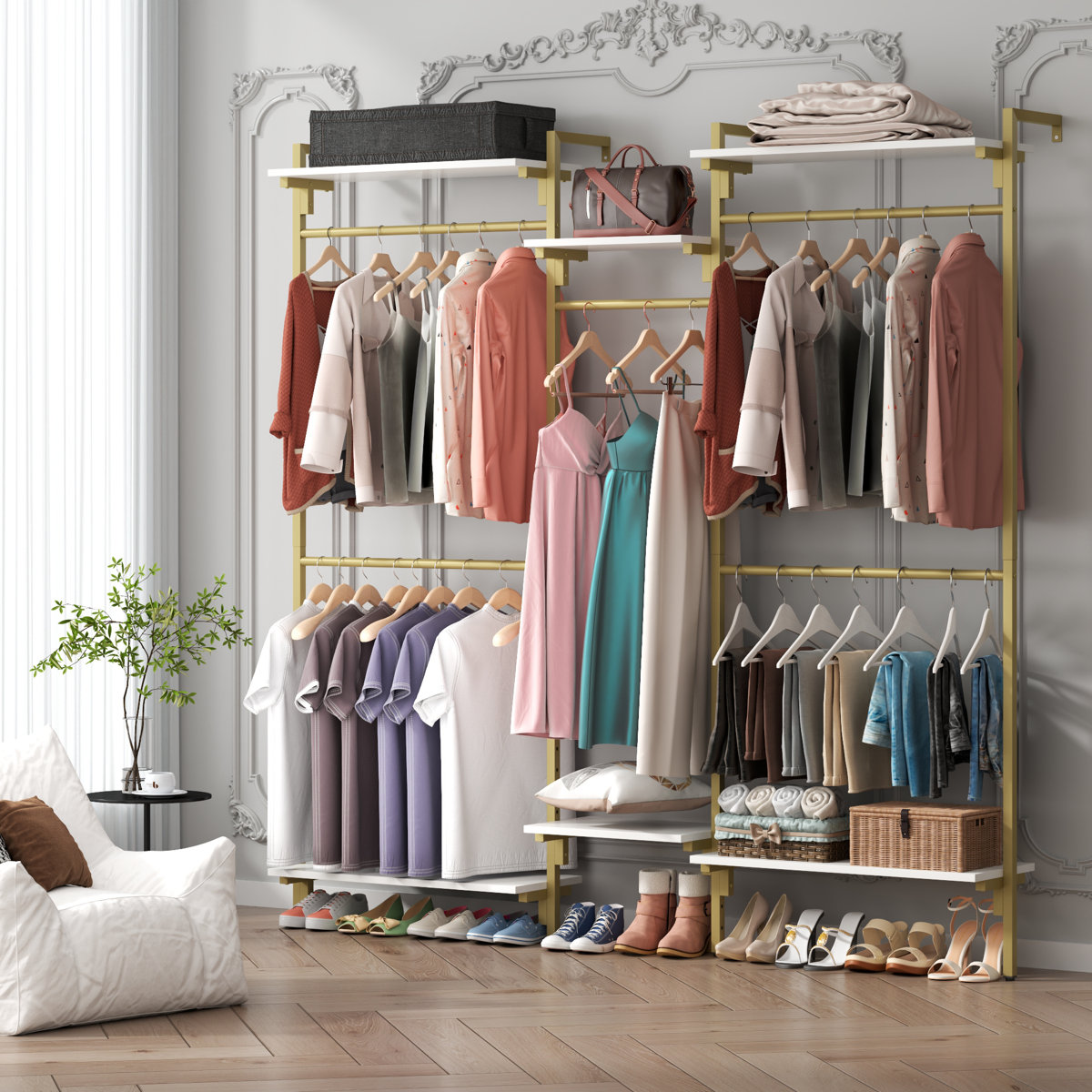 Rebrilliant Oloran Gold Wall Mount Clothes Rack with 5 Hanging Rods ...