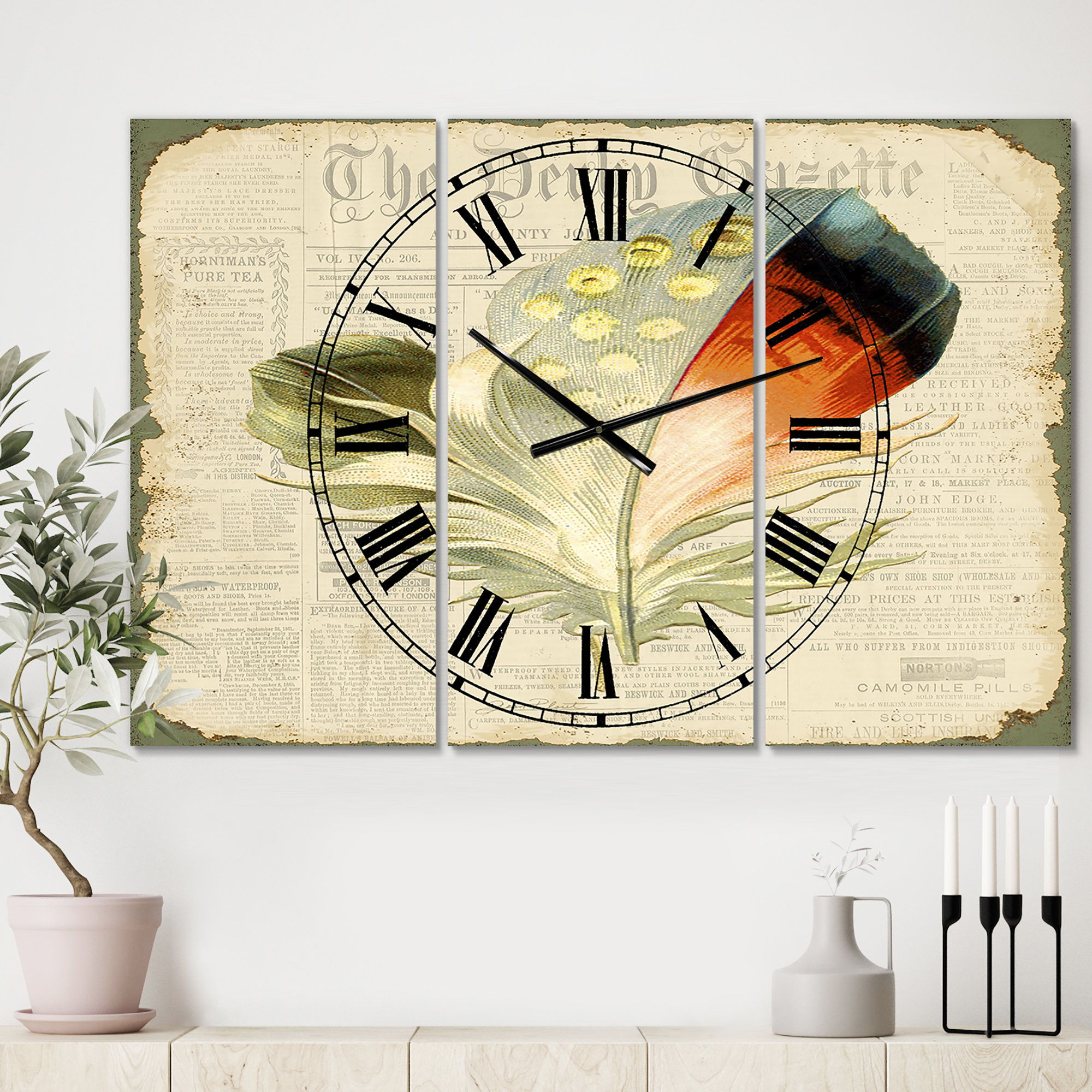 East Urban Home Colorful Elegant Feather On Old Style Newspaper IV ...