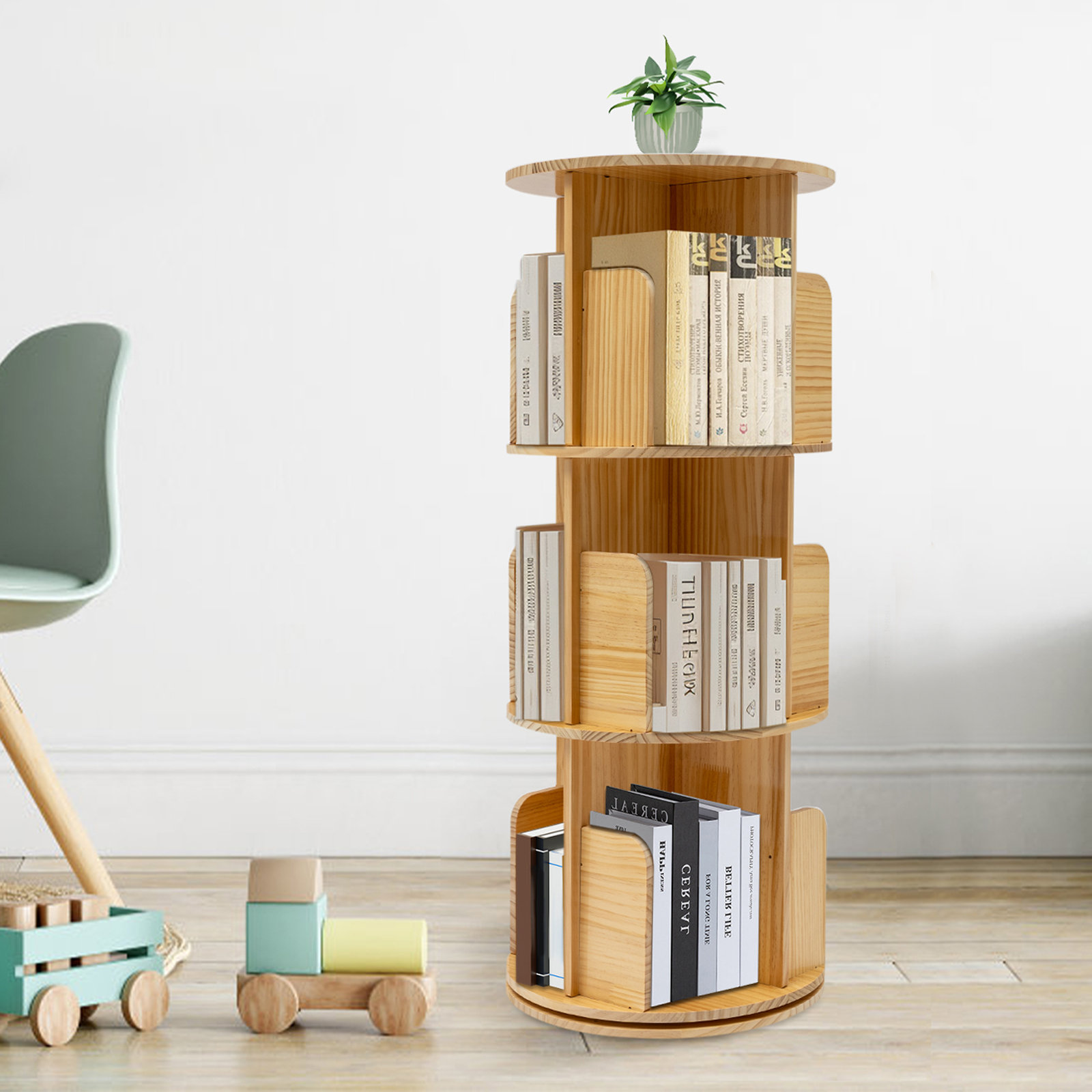Ebern Designs Jhael 38.6"H 3-tier Rotating Wood Corner Bookcase | Wayfair