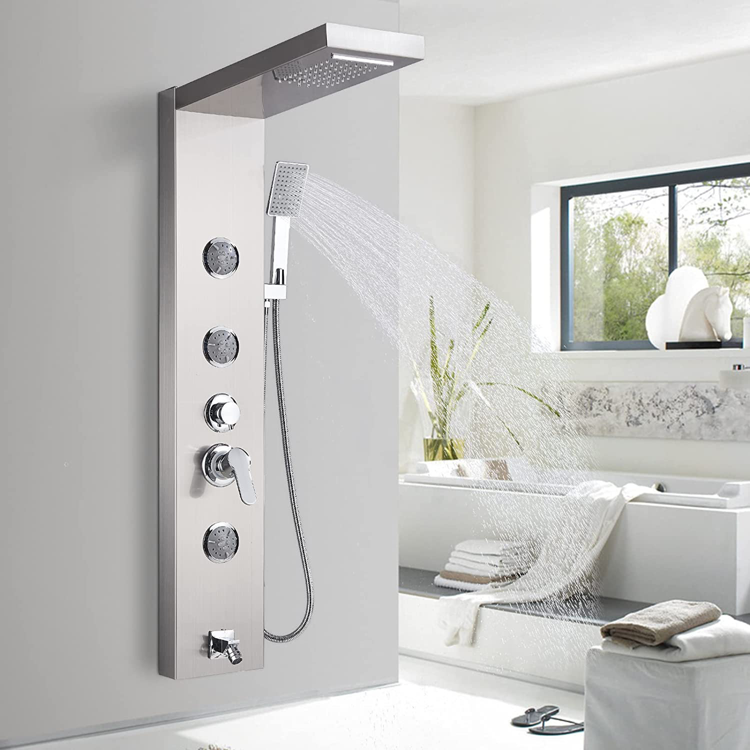 Senlesen Brushed Nickel Multi-function Shower Panel Tower System Wall ...