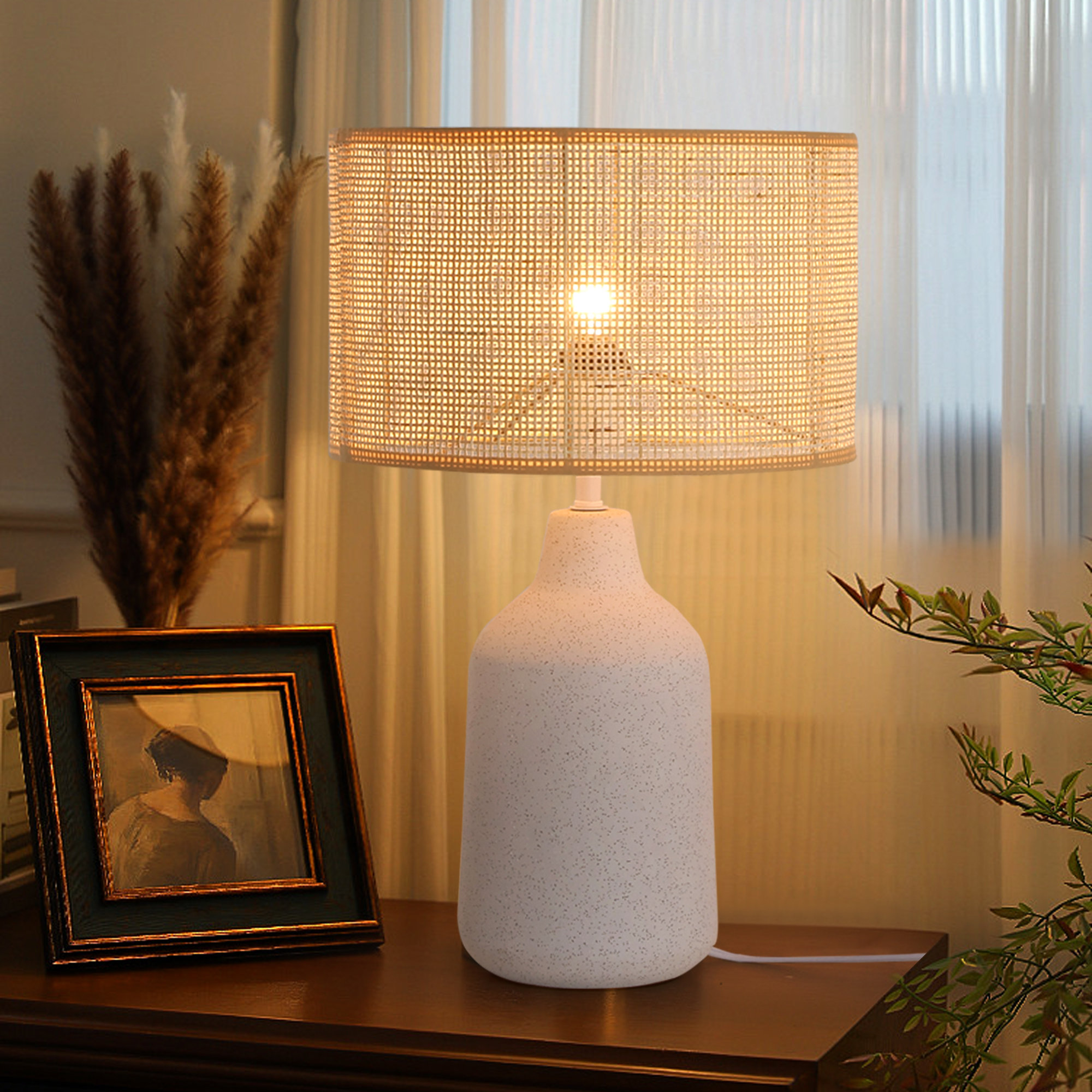 Bay Isle Home™ 21 In. White Table Lamp With Natural Rattan Round Shade ...