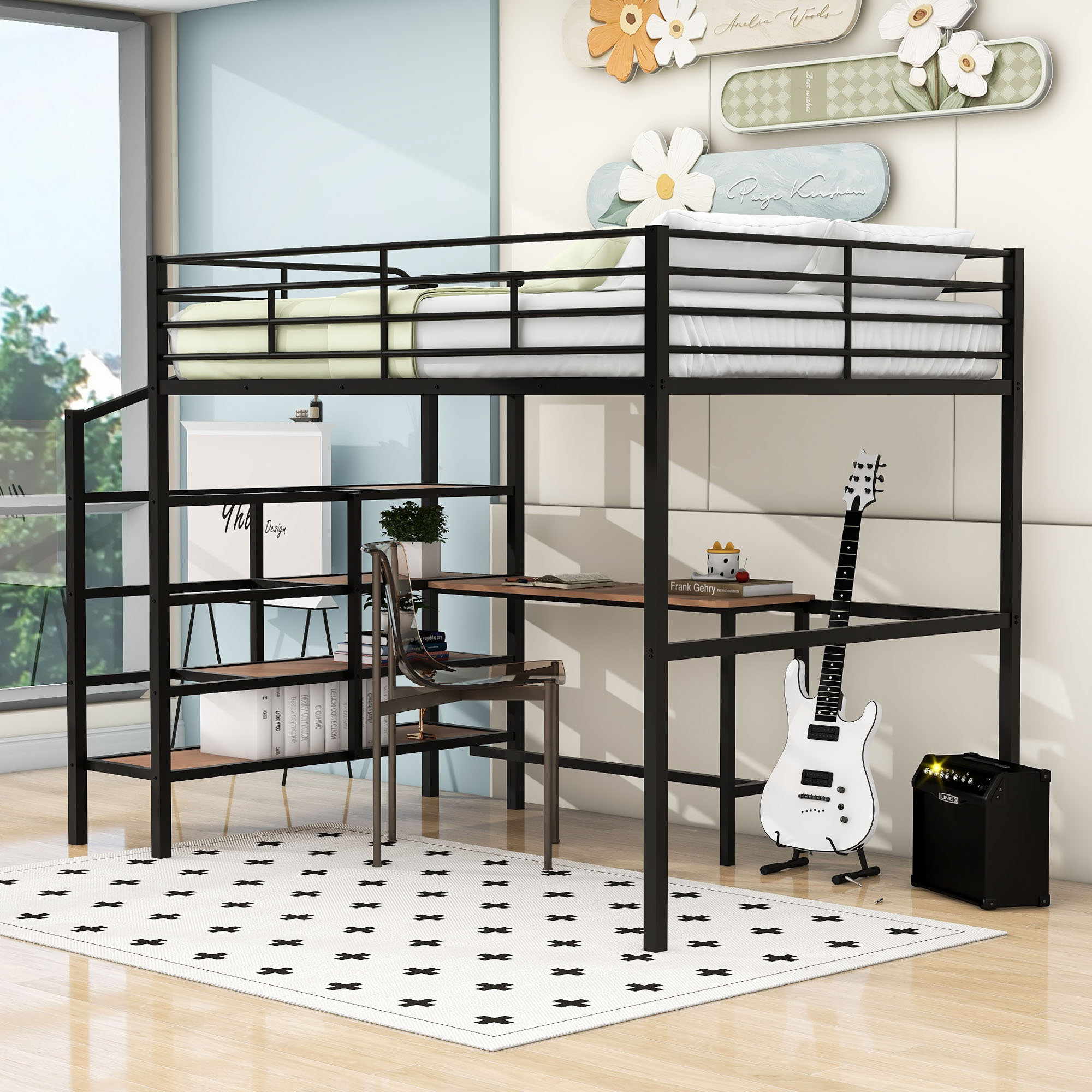 GoBeyondFurniture Full Metal Contemporary Loft Bed With Built-In-Desk ...