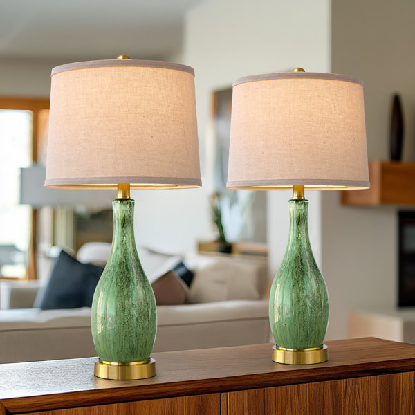 Mercer41 24.5"modern Table Lamp Set, Gradient Green Art Glass Bedside ...