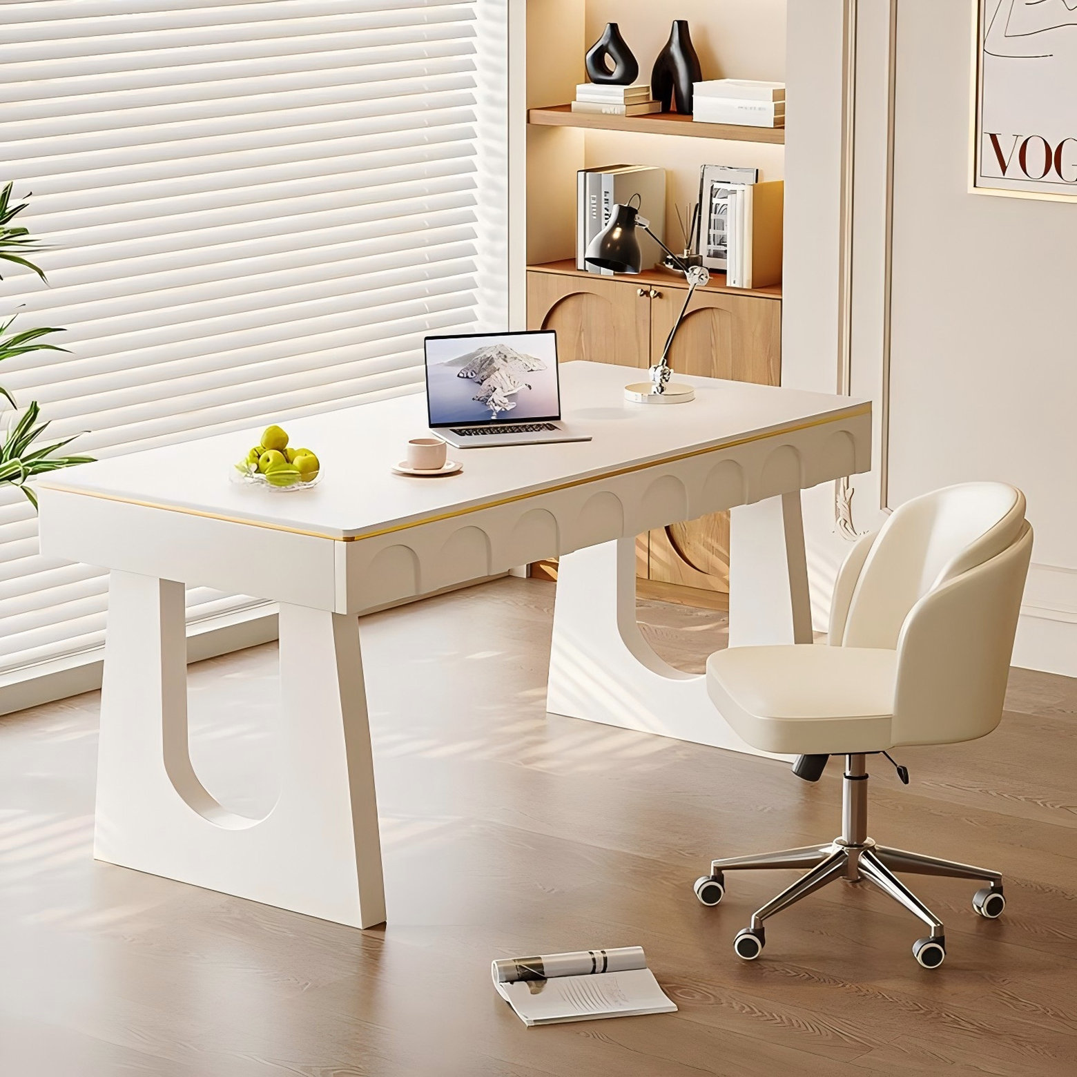 Orren Ellis Cream White Rectangle Sintered Stone Writing Desk | Wayfair