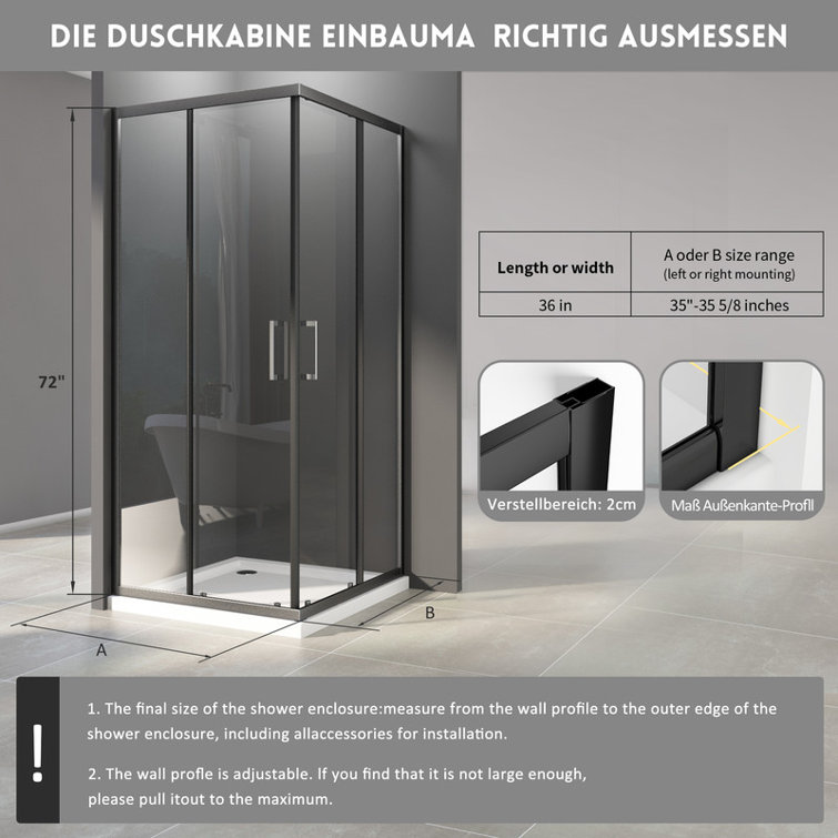 Foskbaths Corner Shower Enclosure 36 x 36 x 72 inch Double Sliding 1/4 ...
