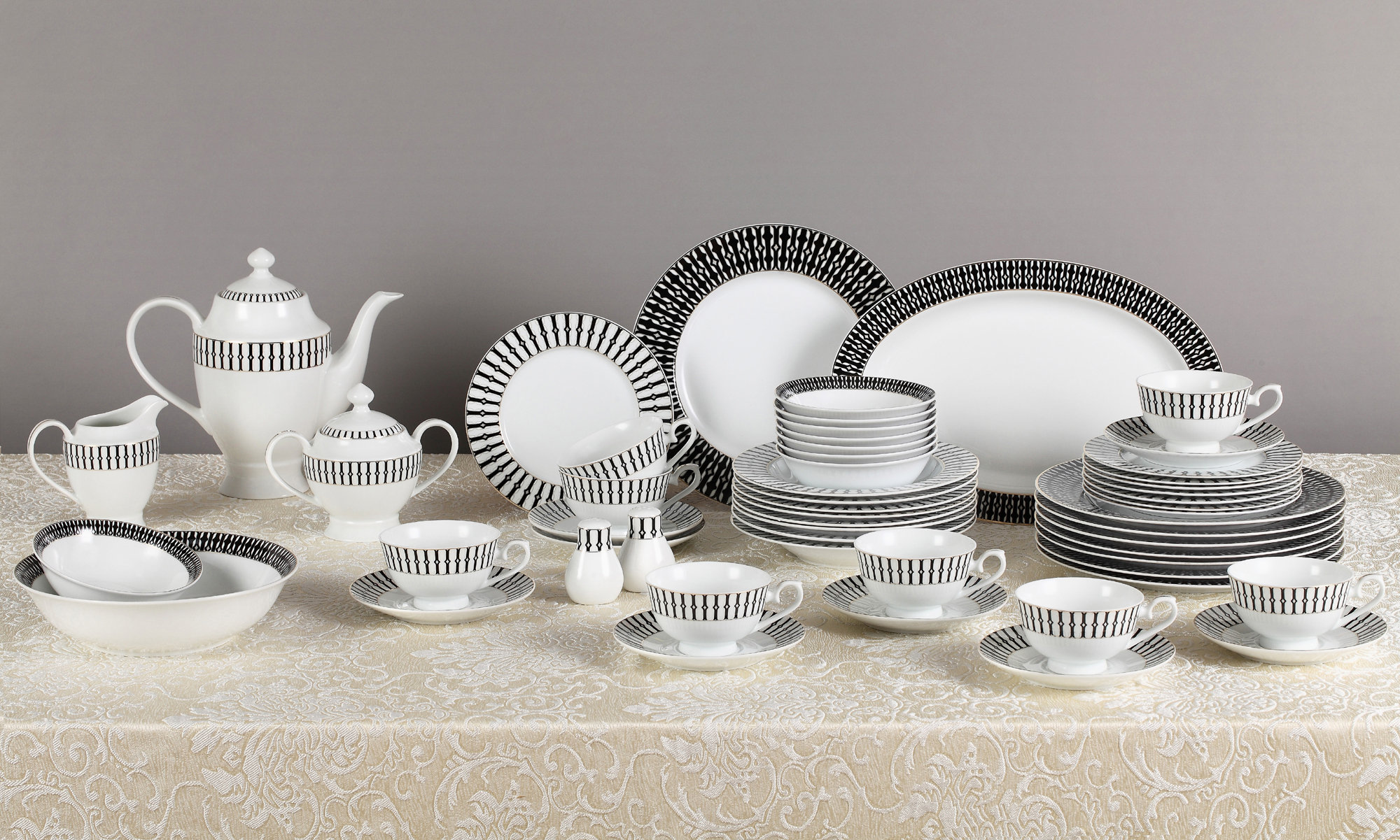 Lorren Home Trends Black & White 57 Piece New Bone China Dinnerware Set ...