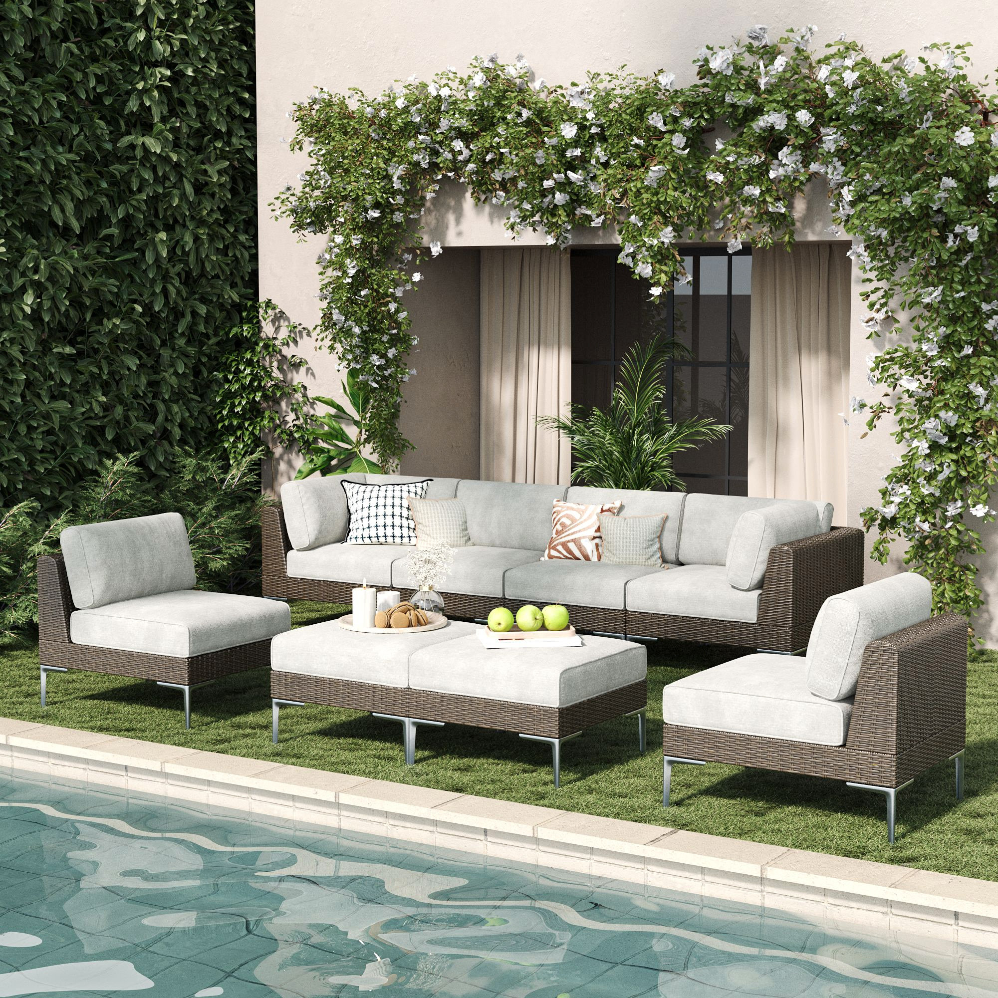Layinsun 8-piece L-shaped Modular Outdoor Sectional Sofa Set, Wicker ...