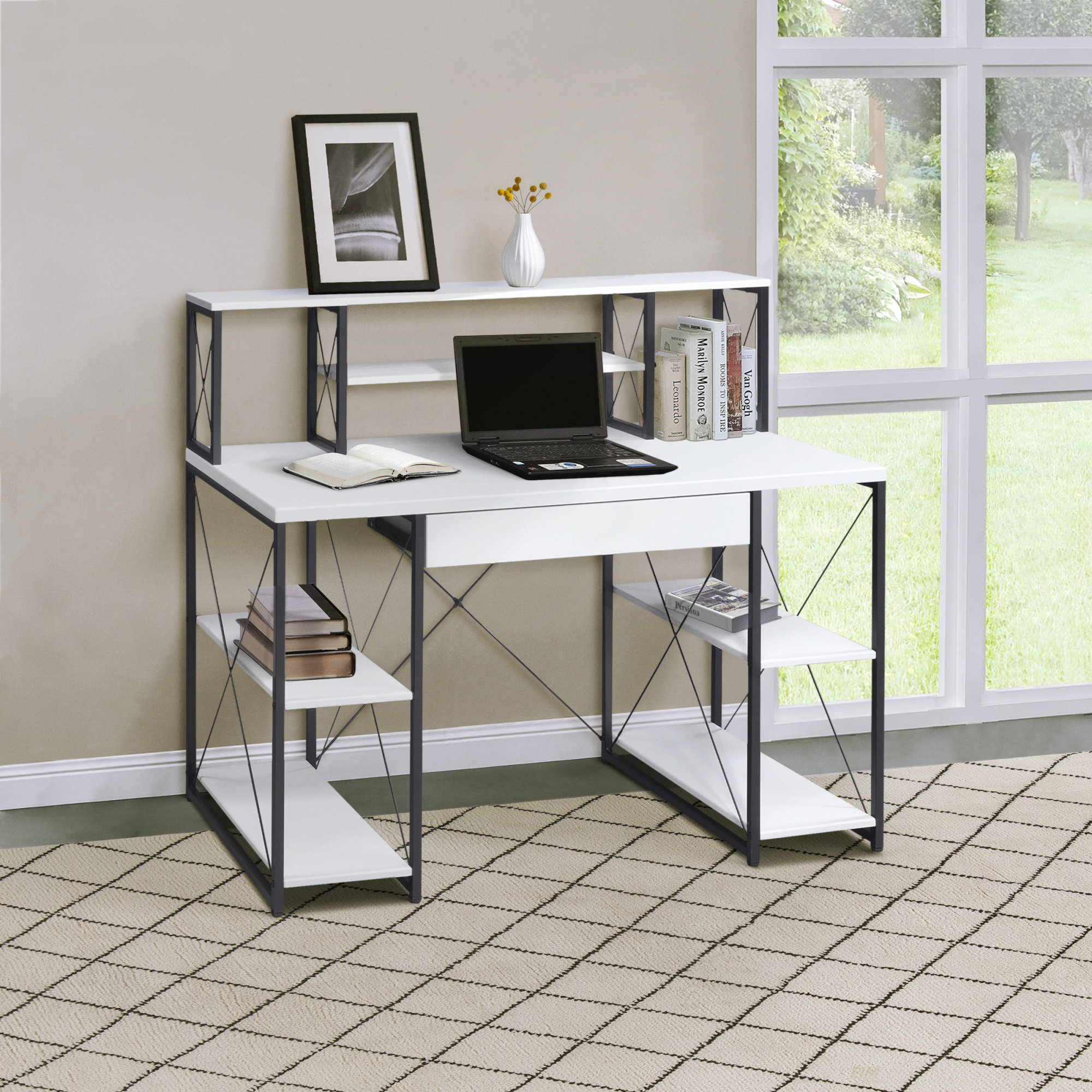 Inbox Zero Writing Desk With One Drawer And 8 Open Compartment(Desk ...