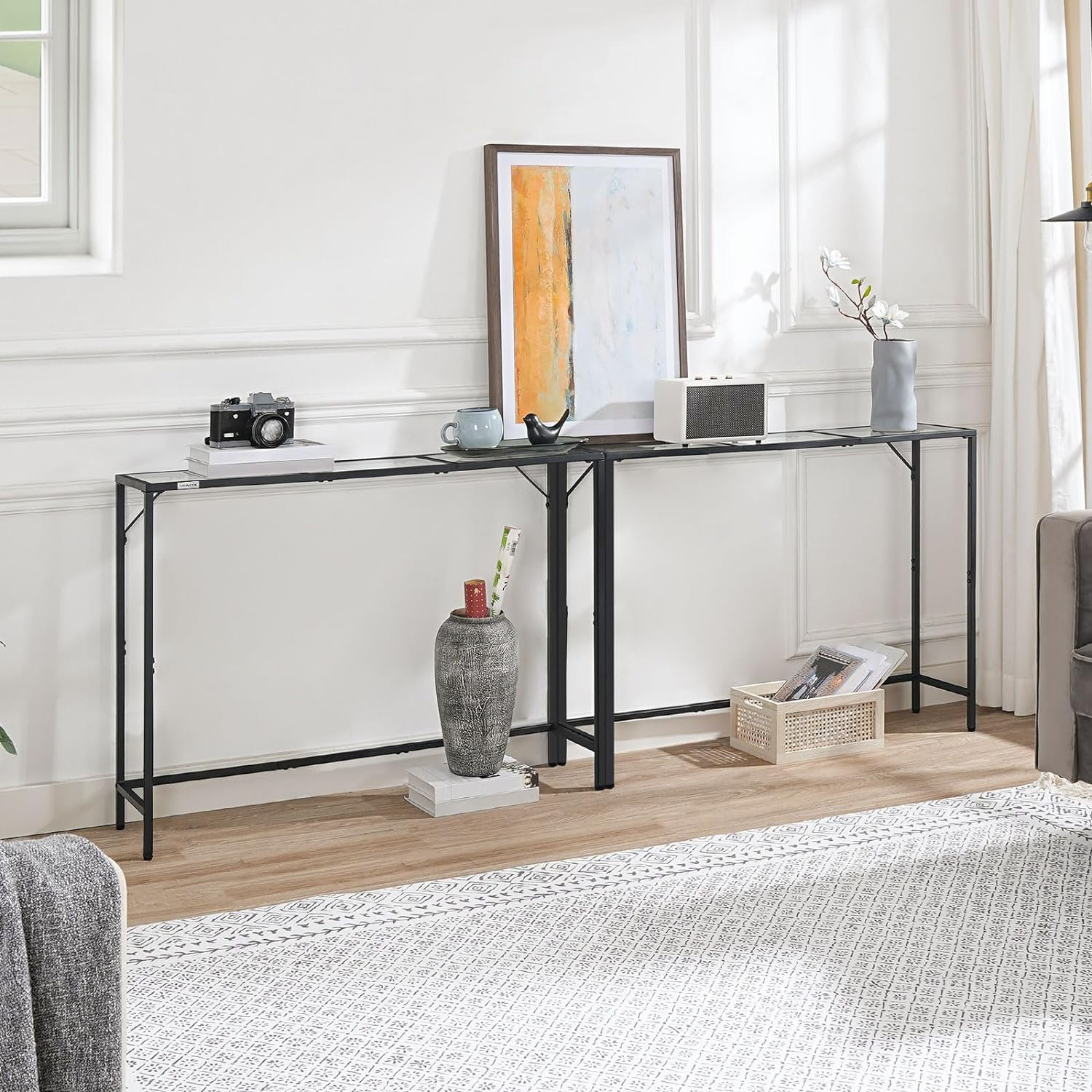Latitude Run® Console Table, Modern Sofa Table Set Of 2, Tempered Glass ...