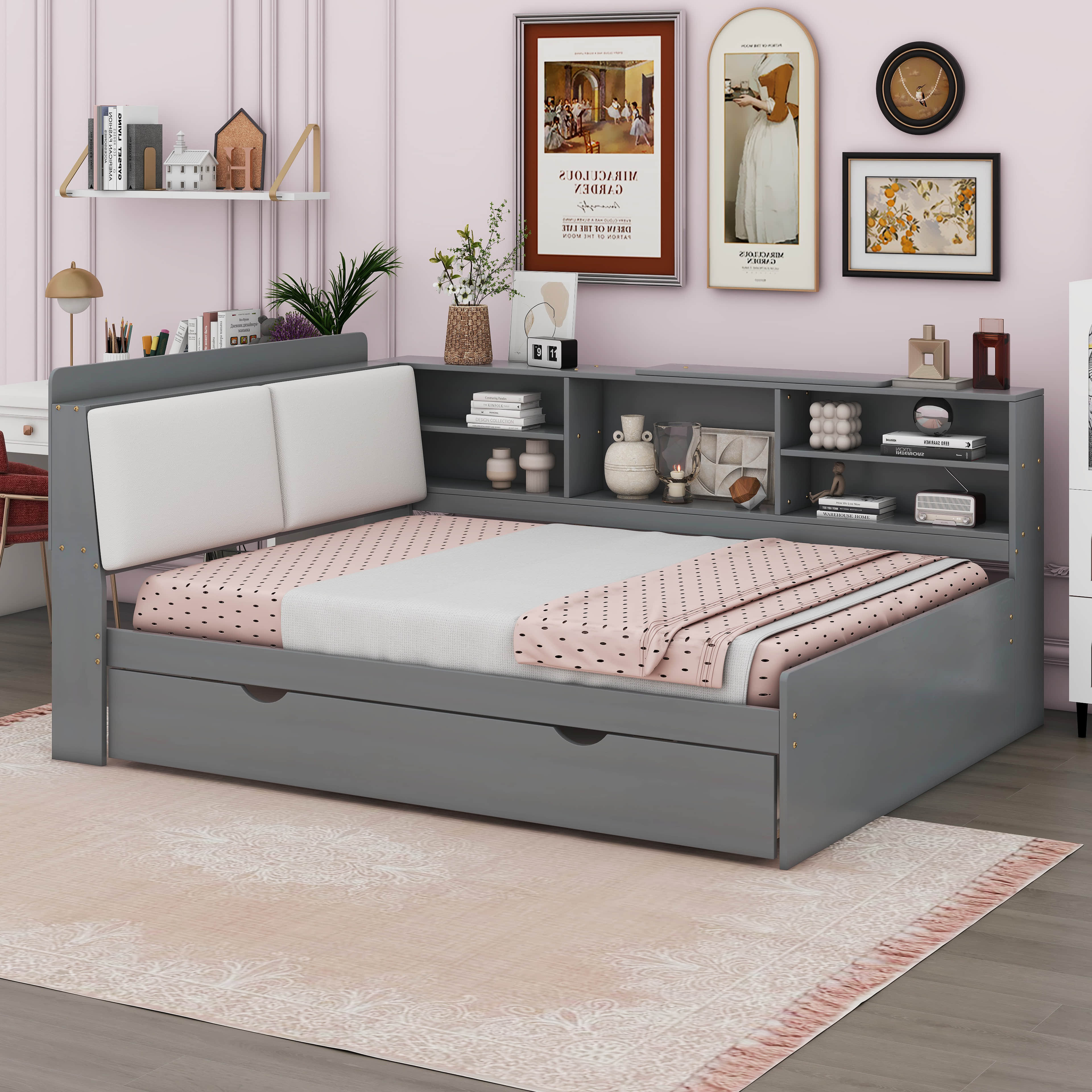 Latitude Run® Daybed With Trundle Bed, Bookcase, Upholstered Headboard ...