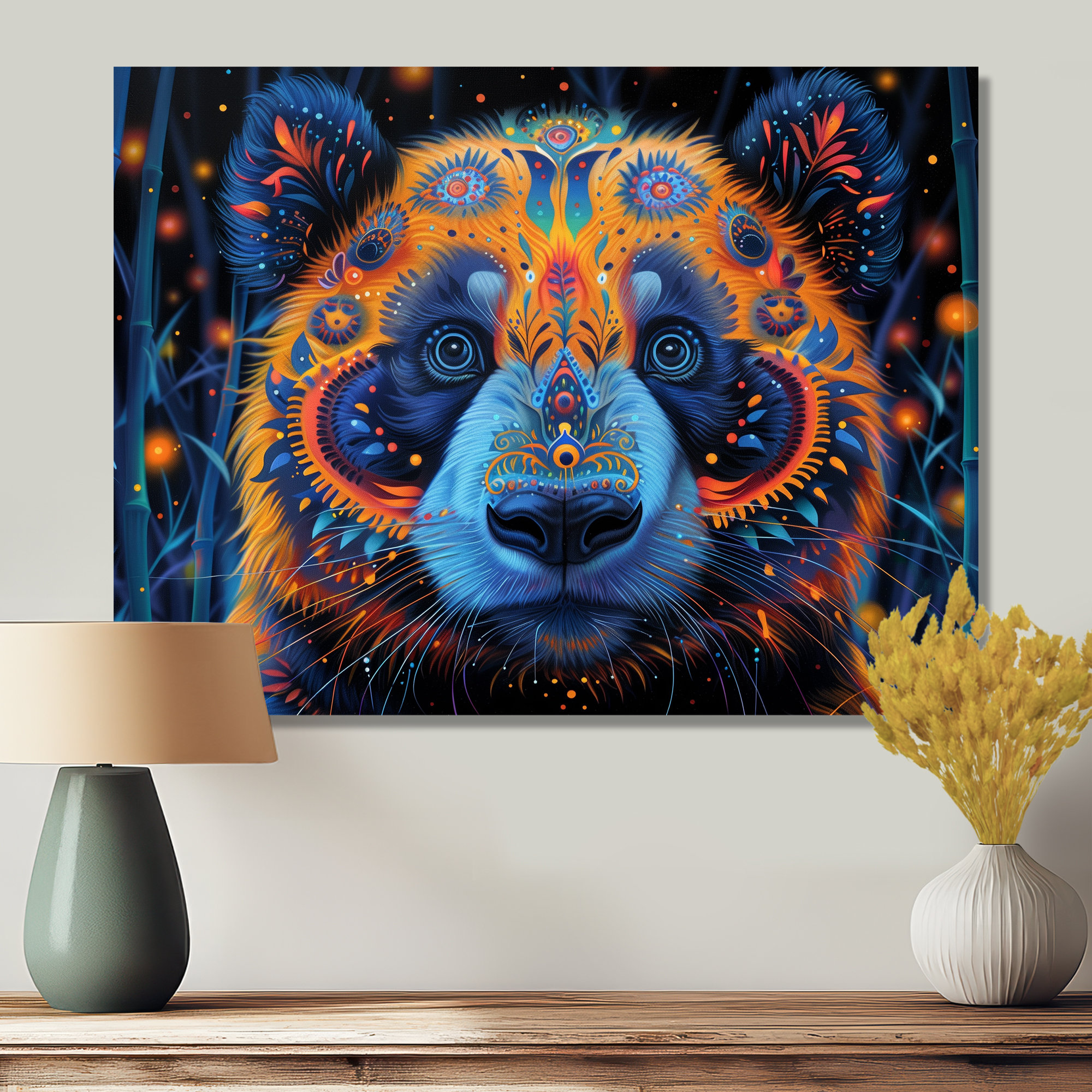 Design Art Blue Yellow Panda Mystical Panda III - Panda Animal Wall Art ...