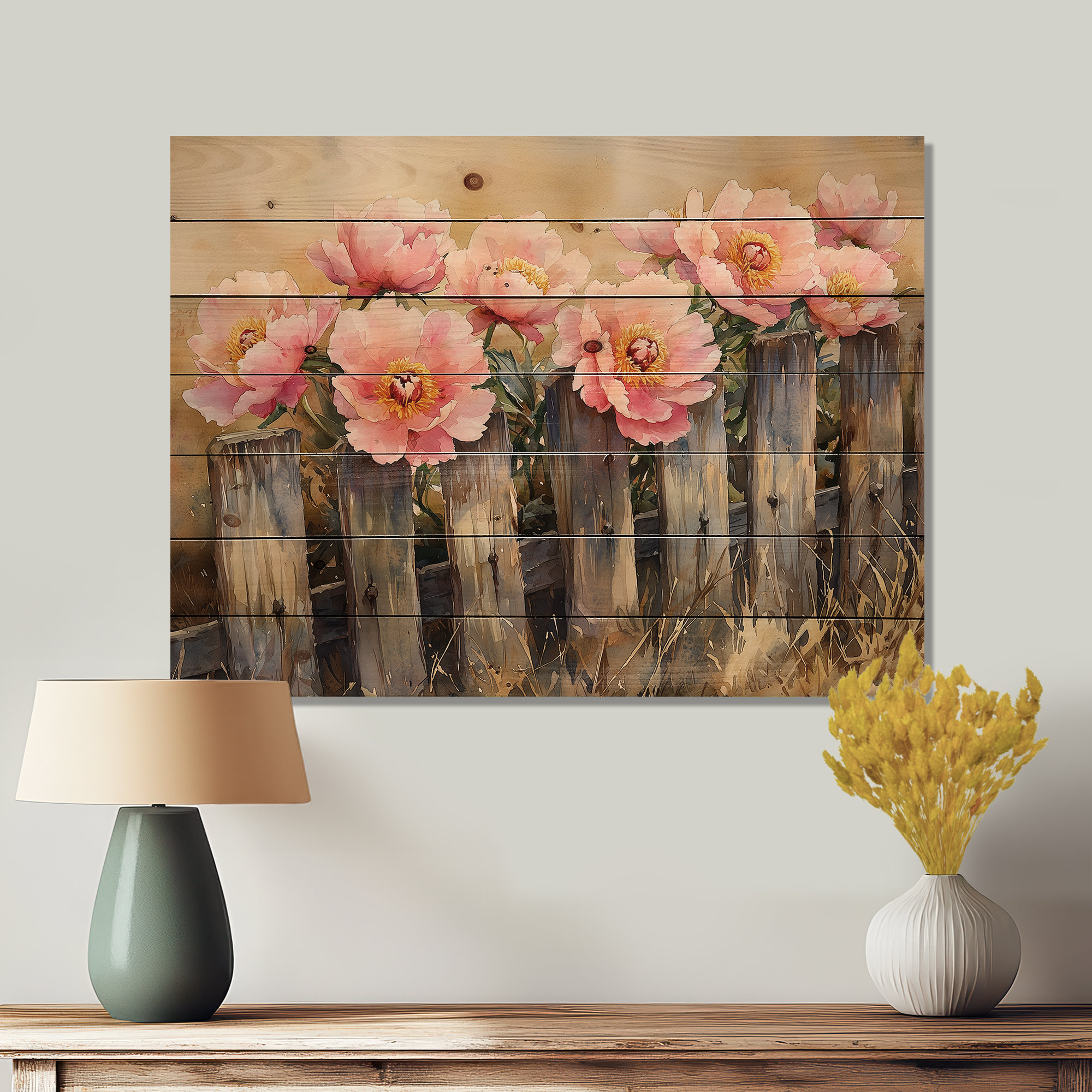 Ophelia & Co. Farm Peonies By The Rustic Fence II - Peonies Wood Wall ...