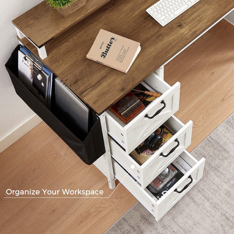 Ivy Bronx 59" Farmhouse Computer Desk With Drawers & Led, White ...