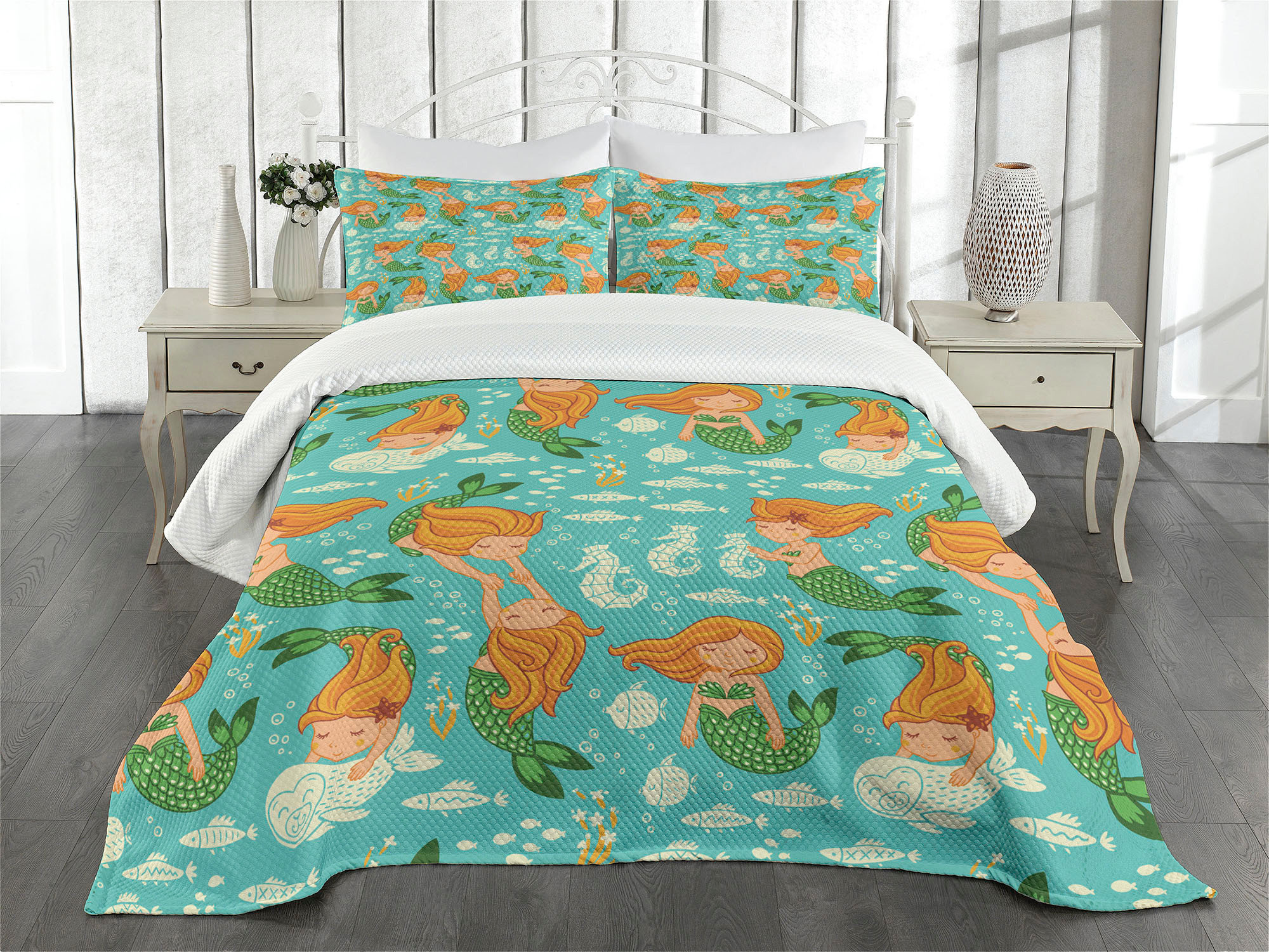 Ambesonne Mermaid Bedspread Set Cartoon Character Sea Shell Turquoise ...