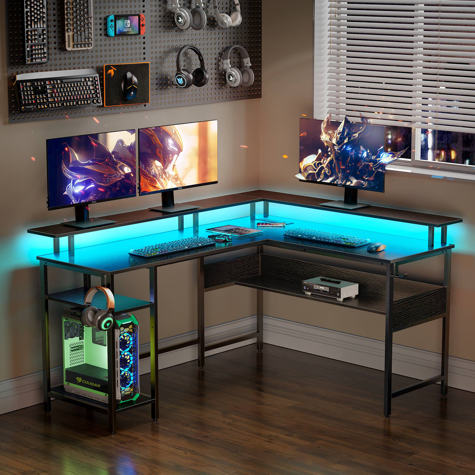 17 Stories 59.4" Reversible L Shaped Computer Desk with RGB LED Strip ...