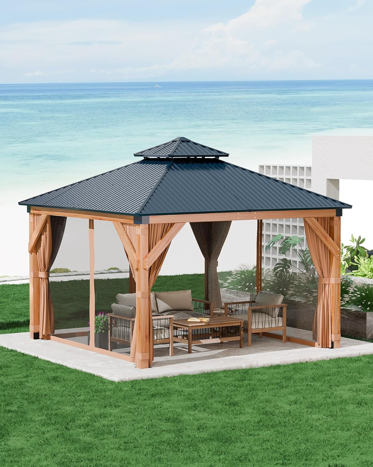 Yuan Home 12'X12' Hardtop Spruce Wood Gazebo With Metal Double Roof, 4. ...