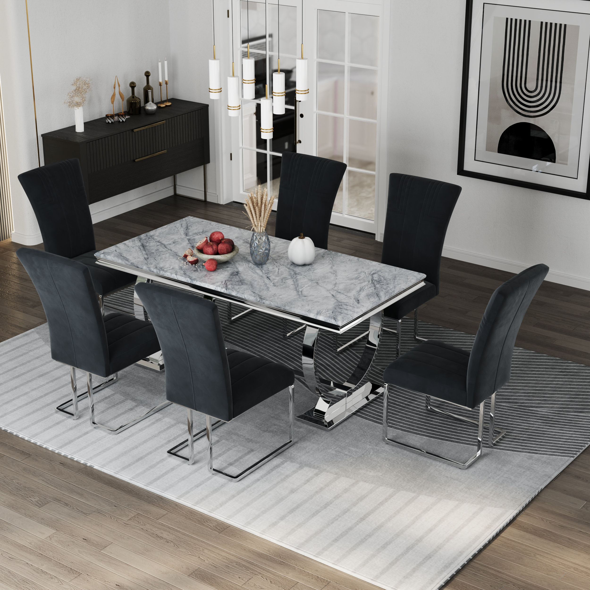 Wrought Studio Modern Black And Gold Dining Table Set With Black Velvet ...