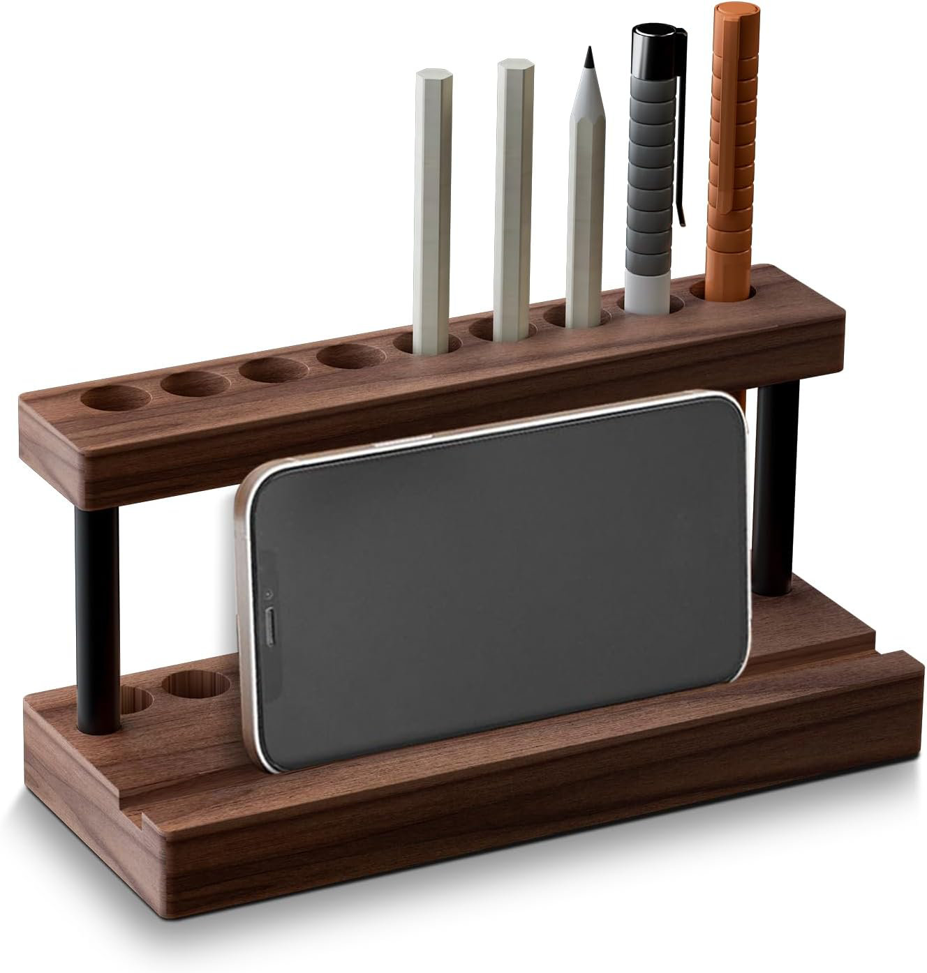 Inbox Zero Solid Walnut Pen Display Stand With 9 Slots And Cell Phone ...