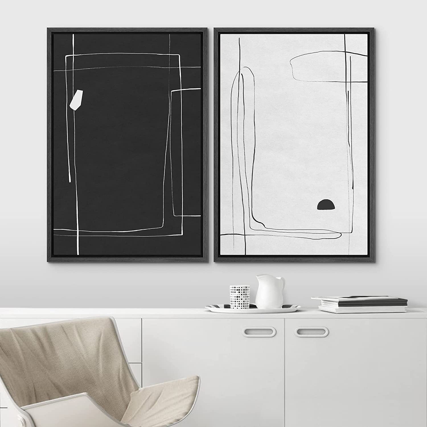 IDEA4WALL BAW Framed Canvas Print Wall Art Black And White Line Art ...