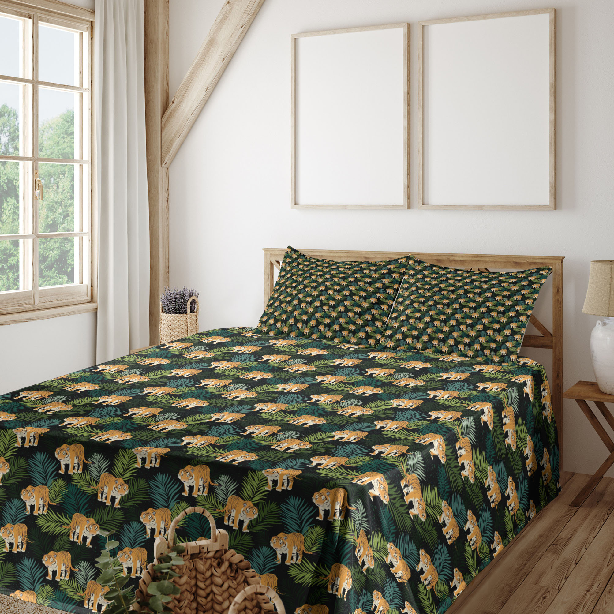 Ambesonne Tropical Sheet Set 4 Pcs Tigers and Leaves Plot Pale Orange ...