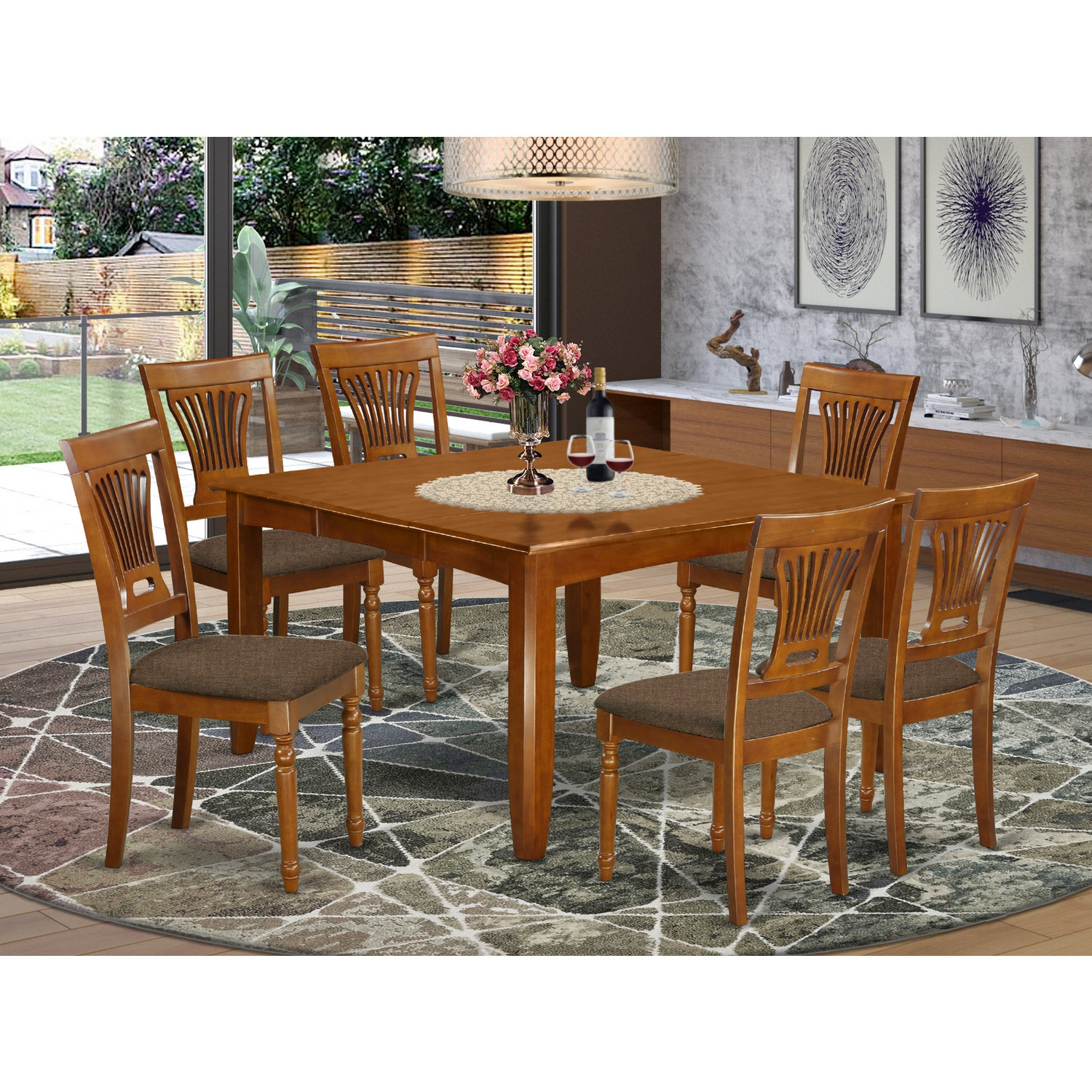Lark Manor 7-Piece Square Saddle Brown Finish Solid Wood Top Dining Table with 6-Chairs with ...