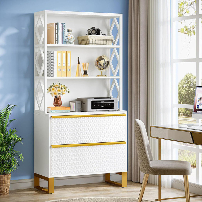 Mercer41 2-Drawer Rectangular White File Cabinet with Bookshelf, Floor ...