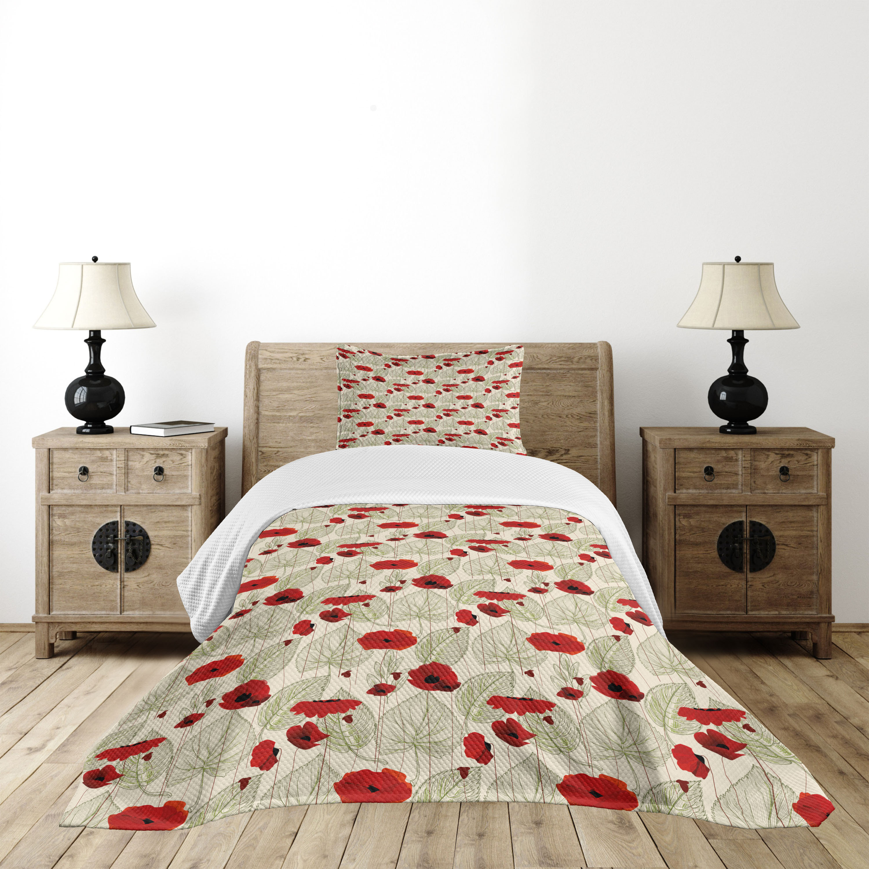 Ambesonne Poppy Flower Bedspread Set Sketch Leaves Rural Scarlet Fern ...