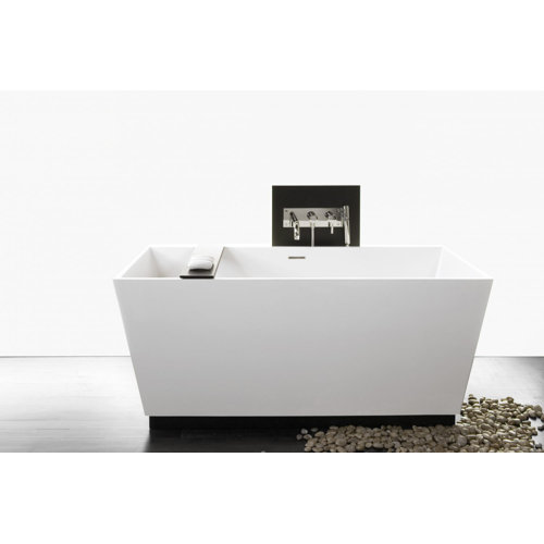 Wetstyle Cube 60" x 30" Freestanding Solid Surface Soaker Tub with Wood ...