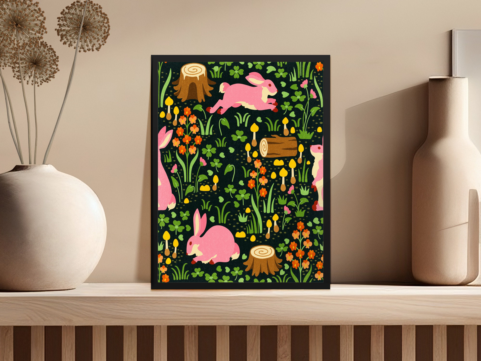 Lark Manor Pink Rabbits Amidst Flowers and Stumps Pattern Framed Poster ...