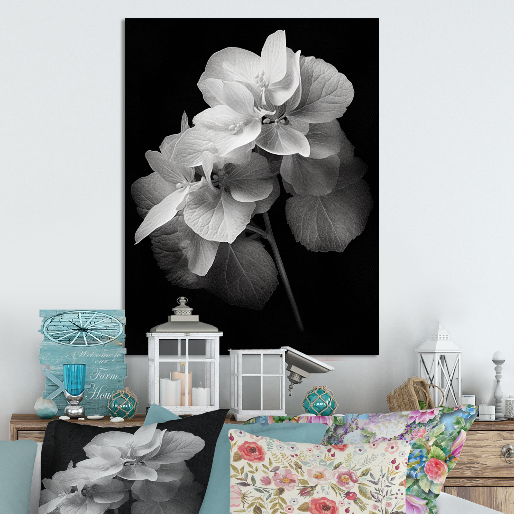 Latitude Run® Black White Hydrangea Blooming I - Floral Metal Wall ...
