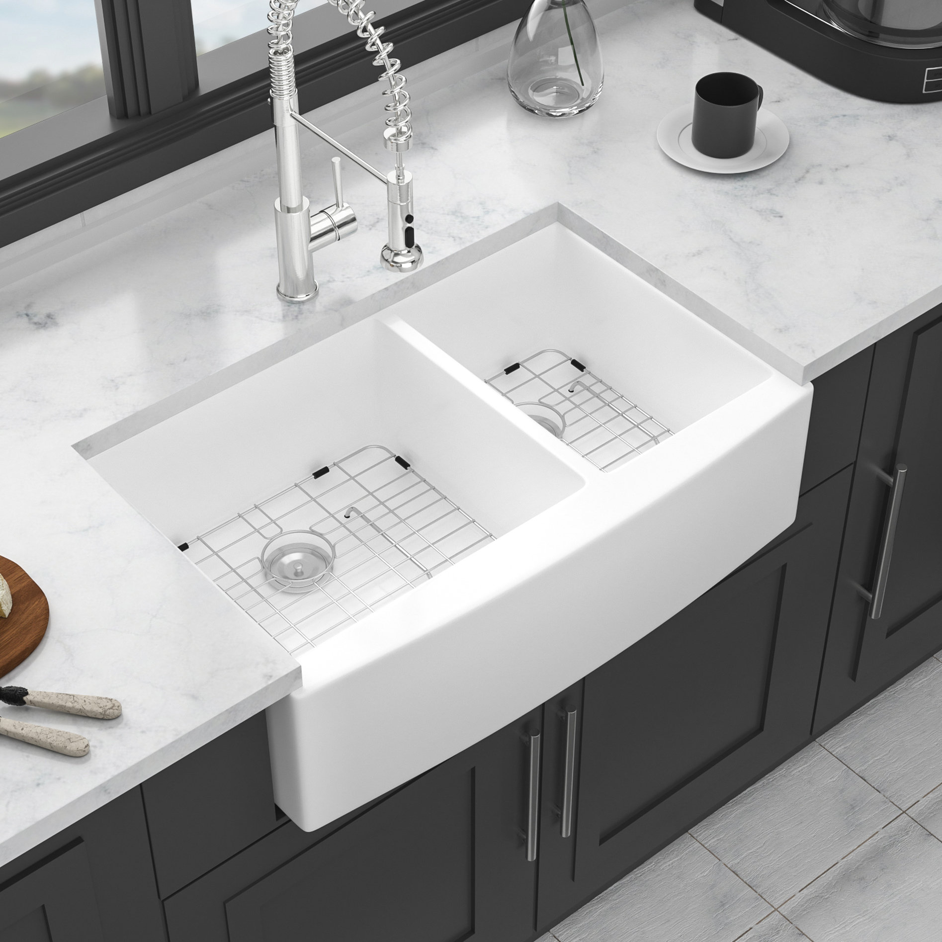 Crafted Palm Double Bowl 33" Ceramic Sink - Low Maintenance White ...