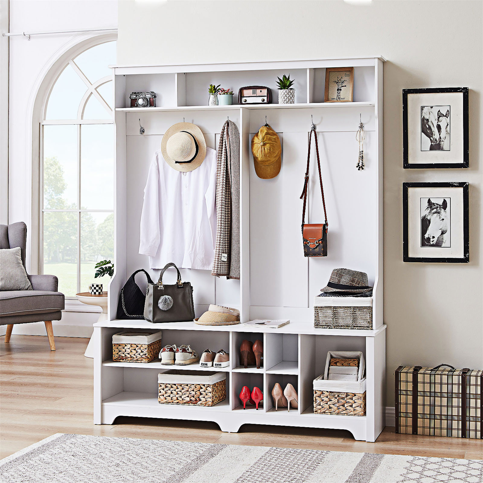 Lark Manor Hall Tree Entryway Bench with Coat Rack Shoe Cubbies ...