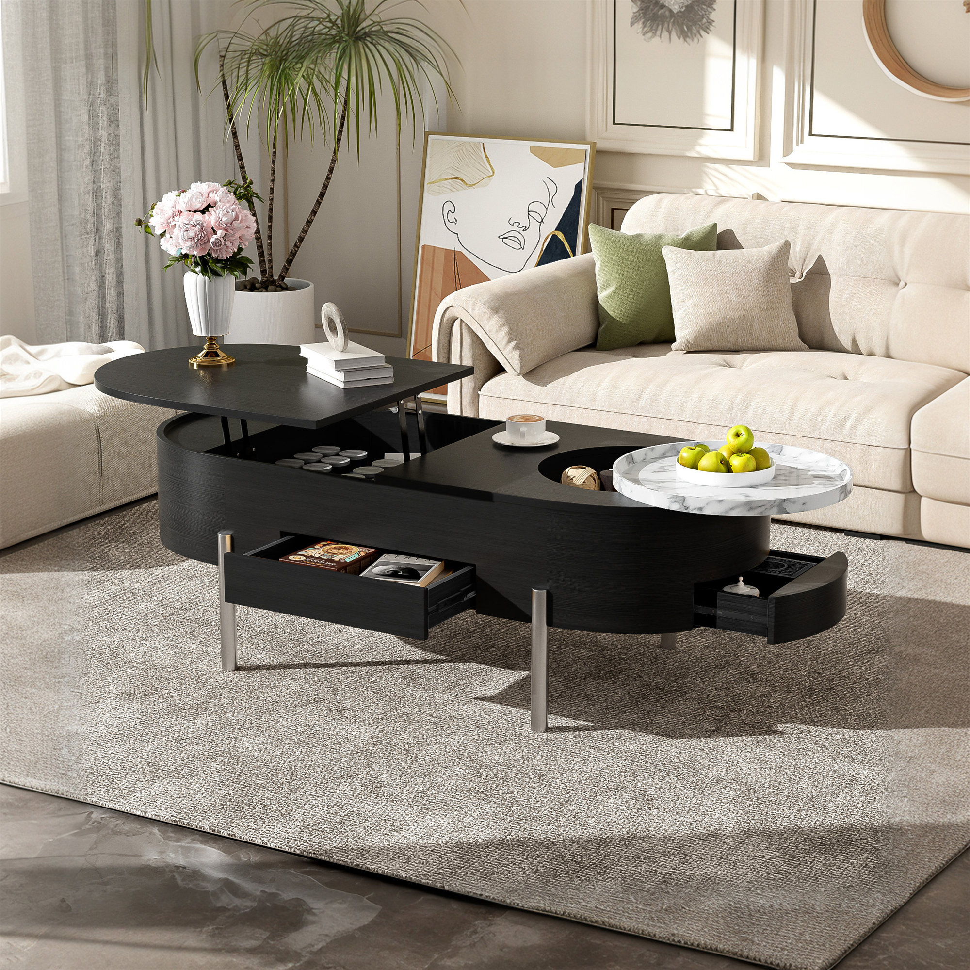 Ivy Bronx 47.2" Modern Oval Lift Top Coffee Table With 360° Marble ...