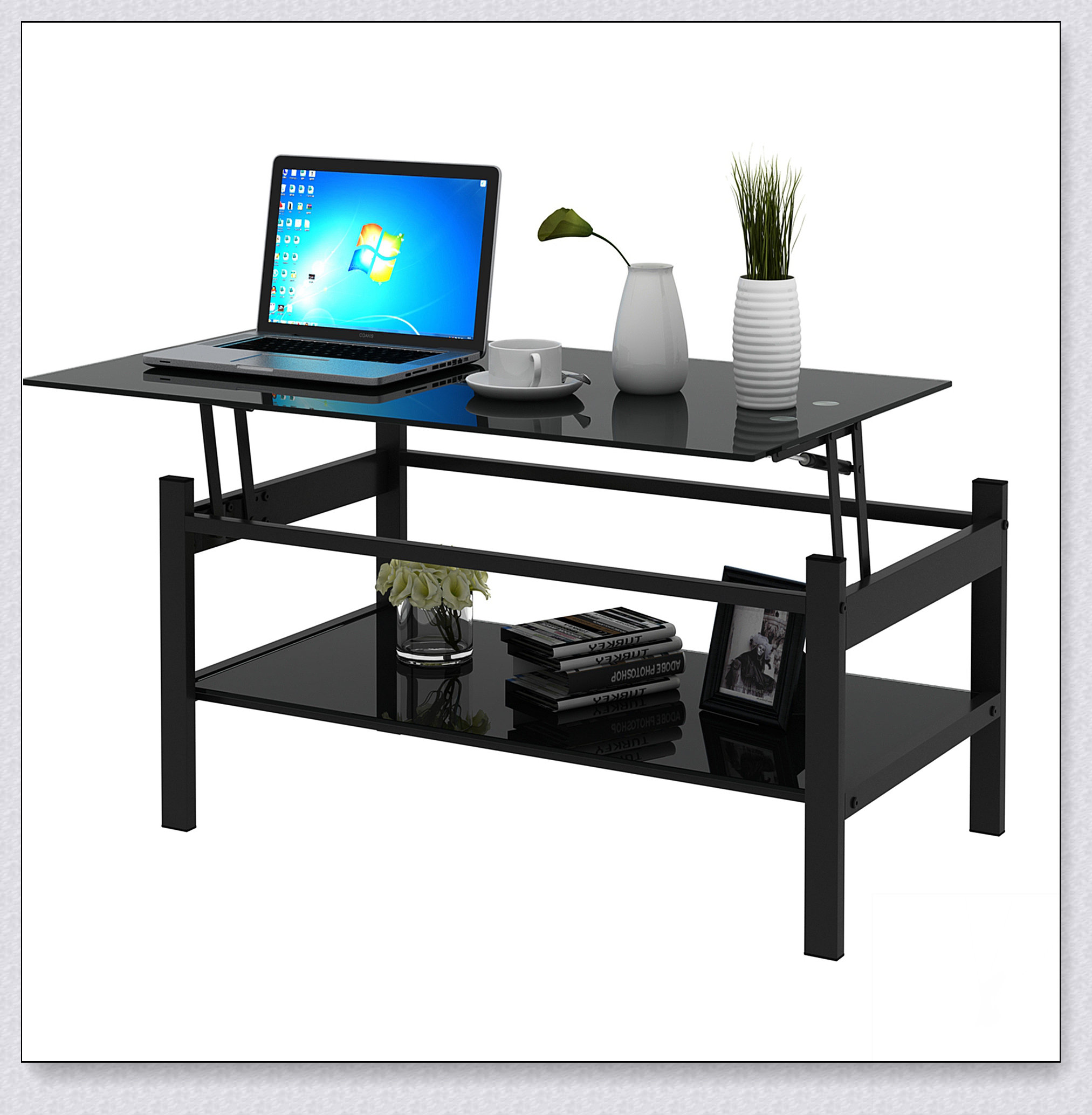 Latitude Run® Glass Lift Top Coffee Table, Modern Simple 2-Layer ...