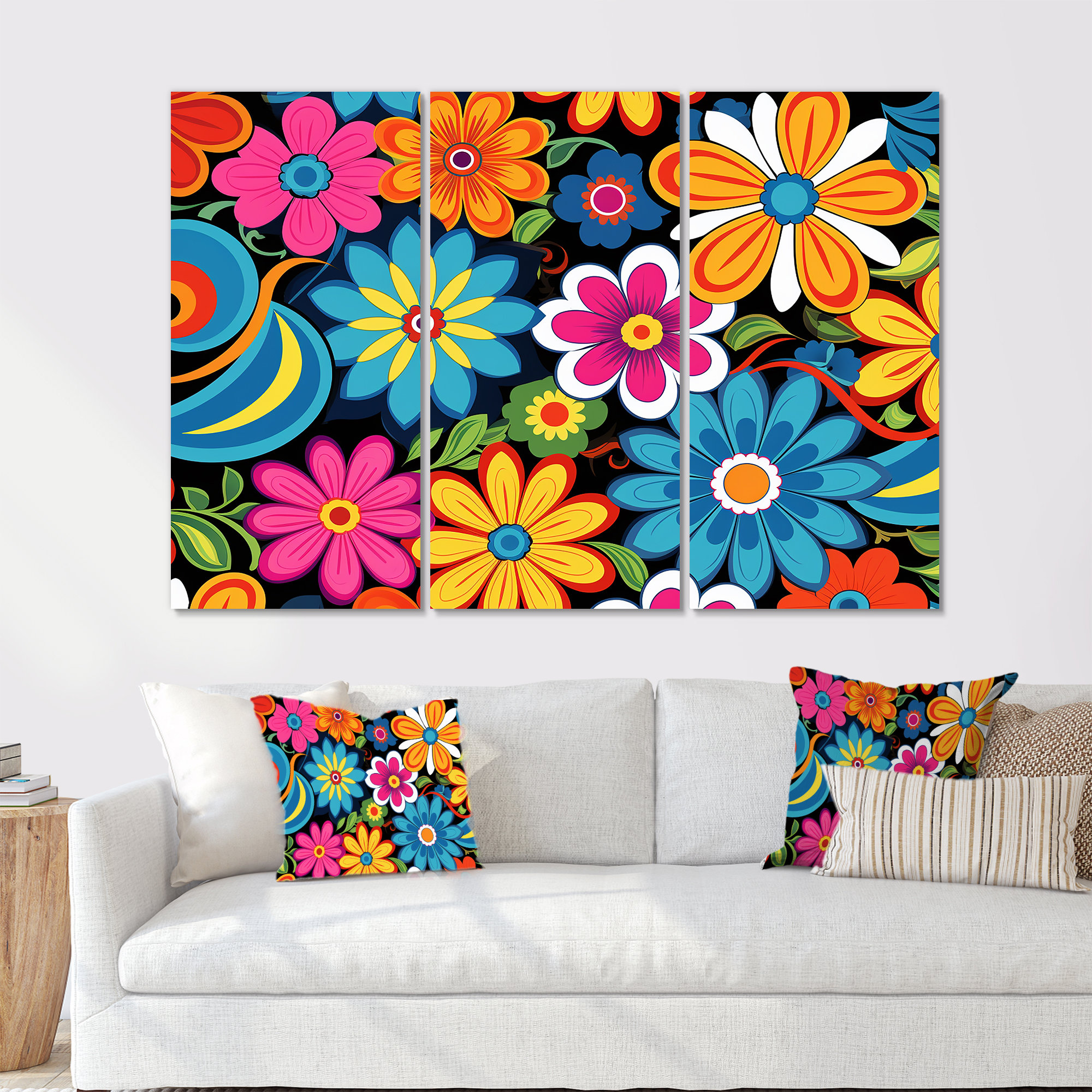 Design Art Groovy Hippy Flower Power - Wildflowers Wall Art Decor Set ...