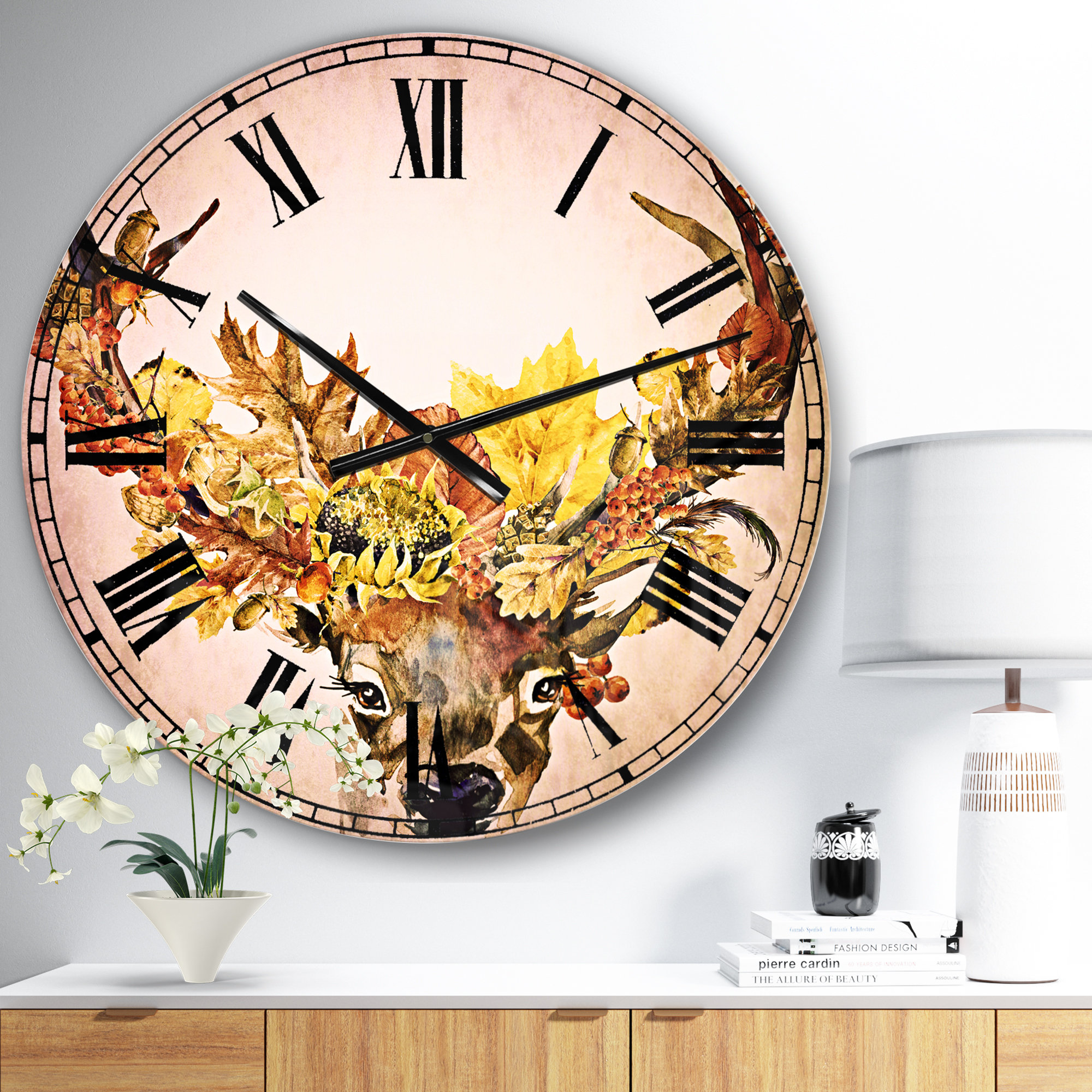 East Urban Home Roe Deer with Flowers - Traditional wall clock ...