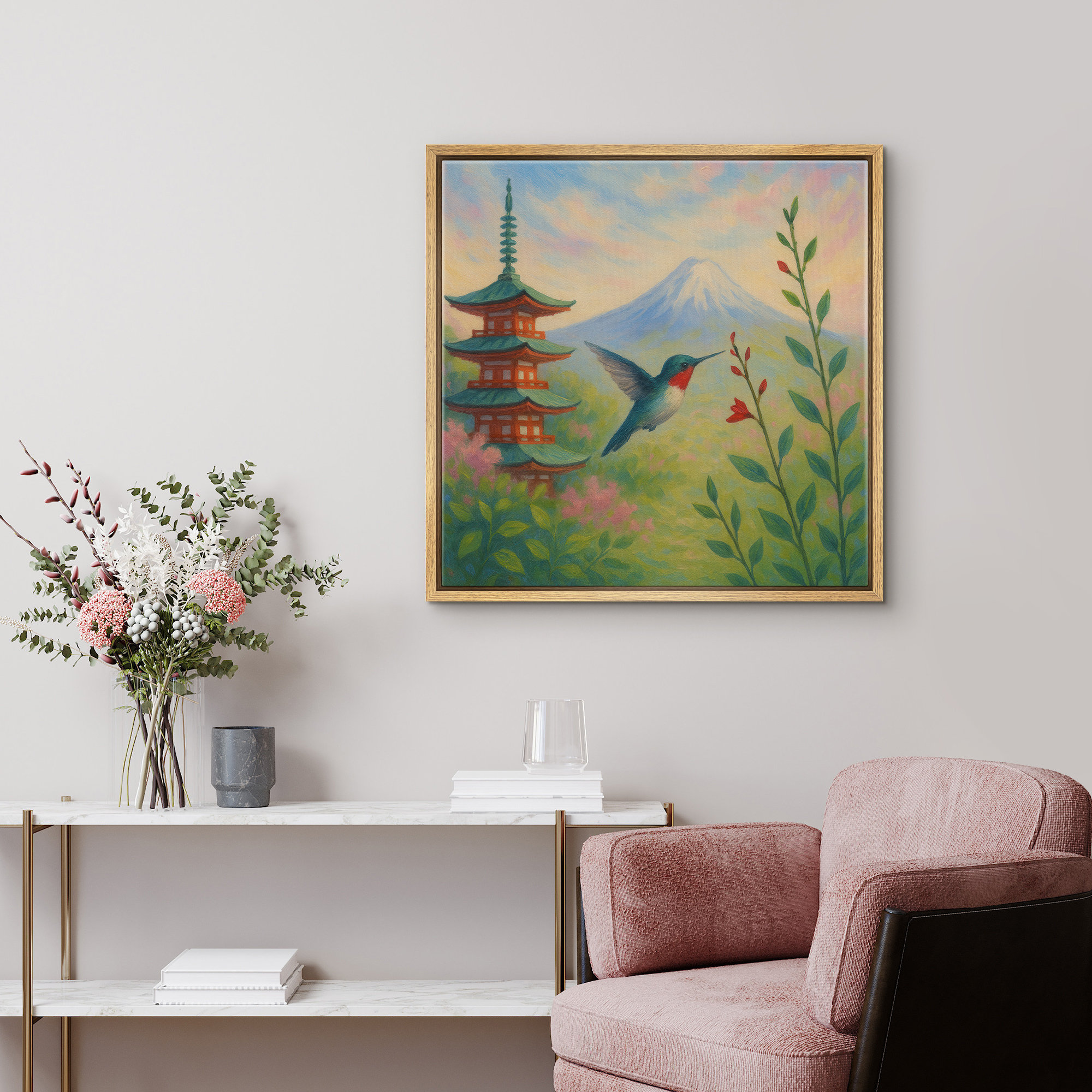 wall26 Hummingbird with Pagoda and Mount Fuji Framed Wall Art ...