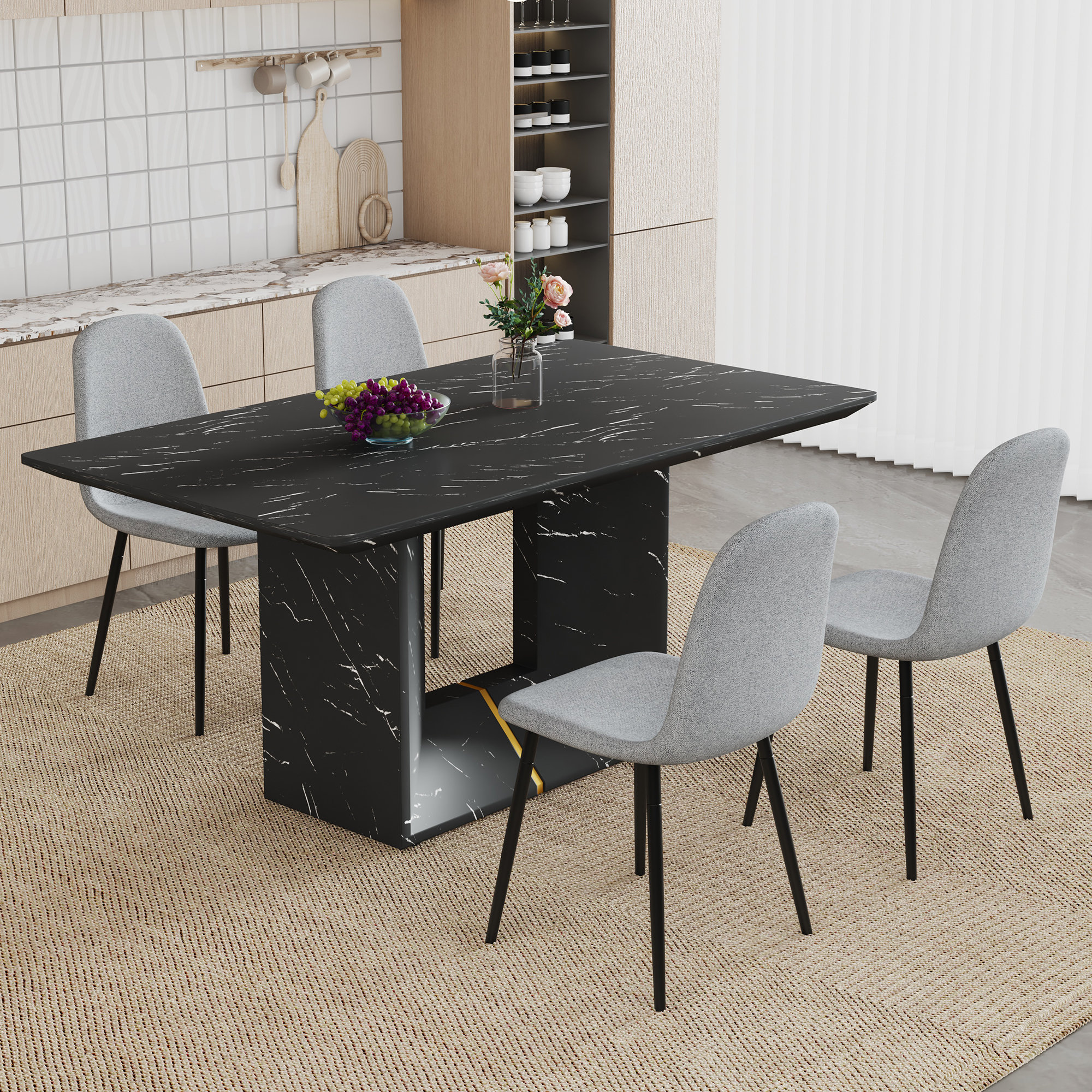 Orren Ellis Black Marble Pattern Mdf Dining Table 63"x35.4" With 4 ...