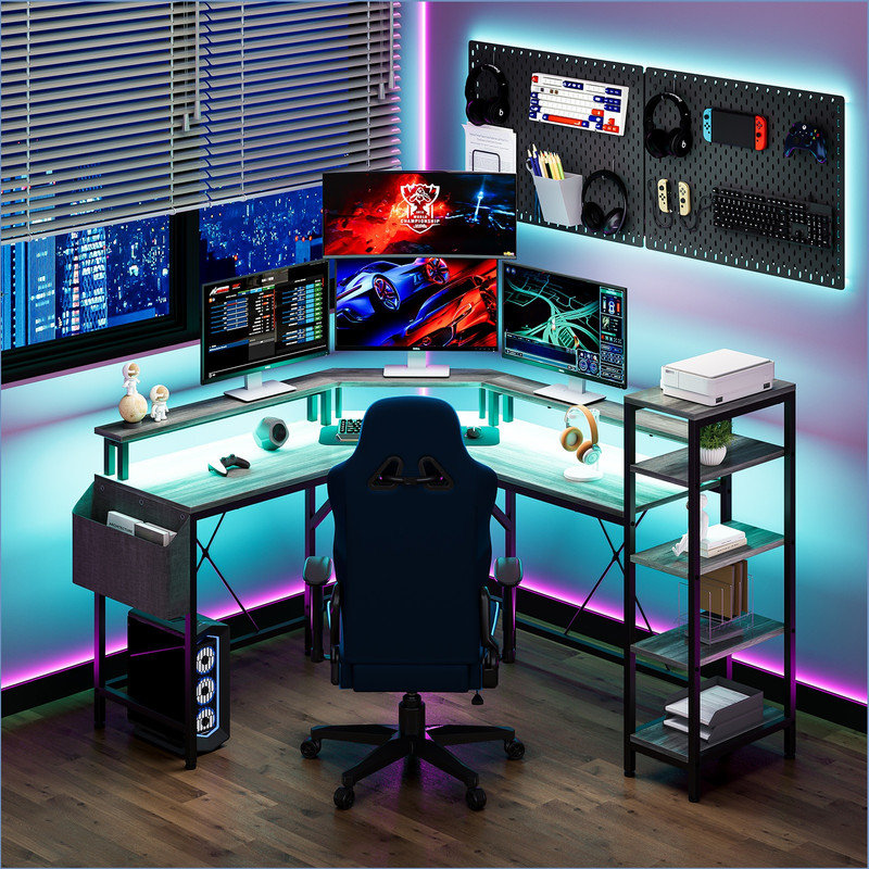 Inbox Zero L Shaped Gaming Desk with Power Outlet & Led Lights, L-Shaped Corner Computer Desks ...