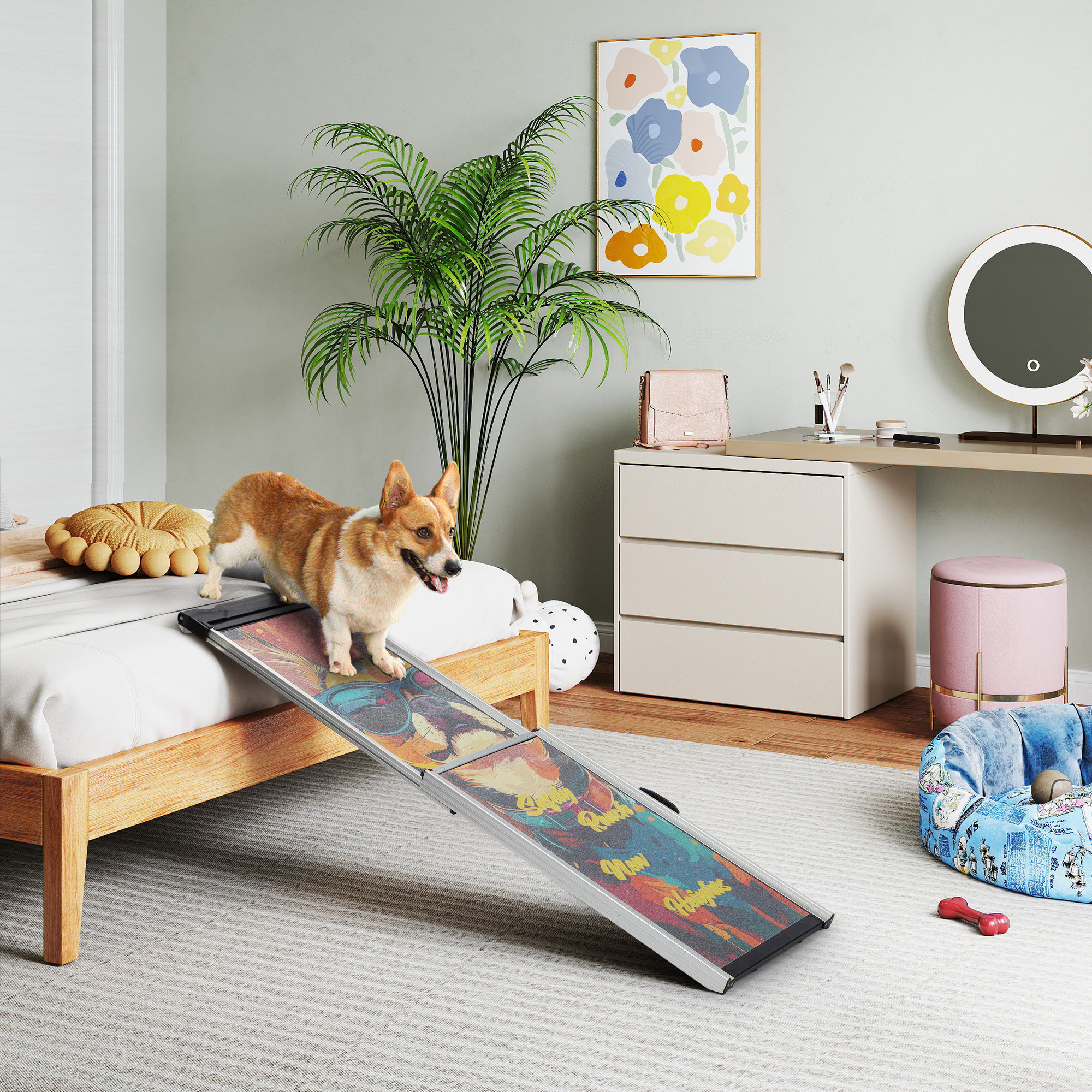 Latitude Run® 64 Inches Bi-fold Dog Ramp, Vivid Cool Pup Pattern ...