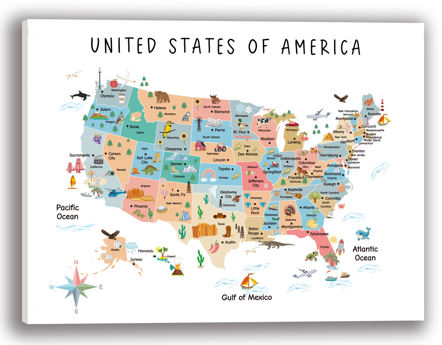 Breakwater Bay Charming USA Illustrated Map - Wrapped Canvas Wall Art ...