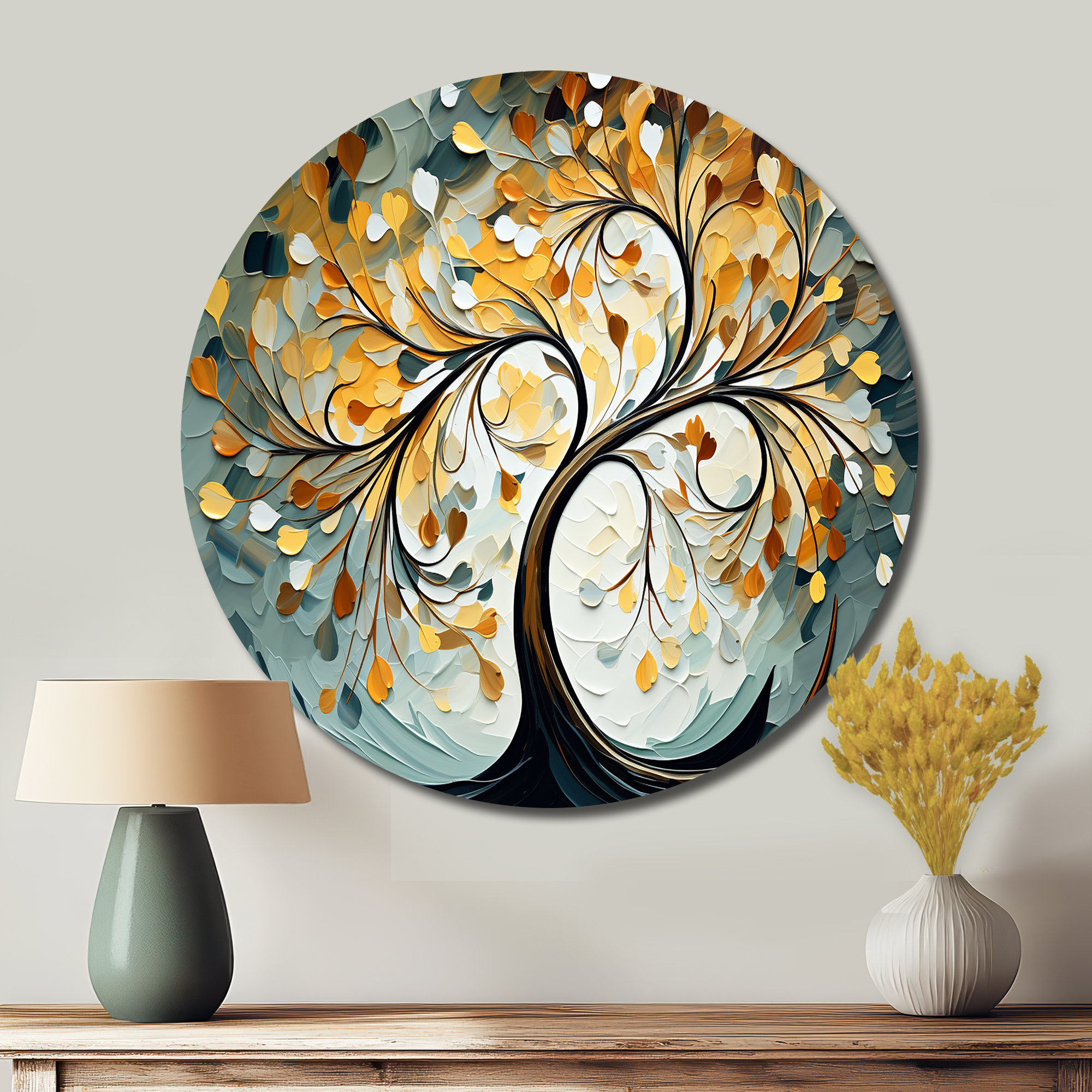 Design Art Yellow Grey Majestic Canopy Tree - Landscapes Round Metal ...