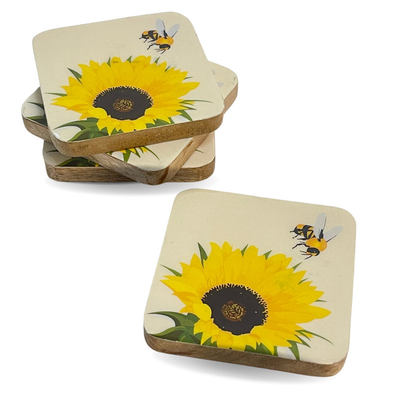 Lexi Home Mango Wood 4 x 4 Sunflower Bee Coasters | Wayfair
