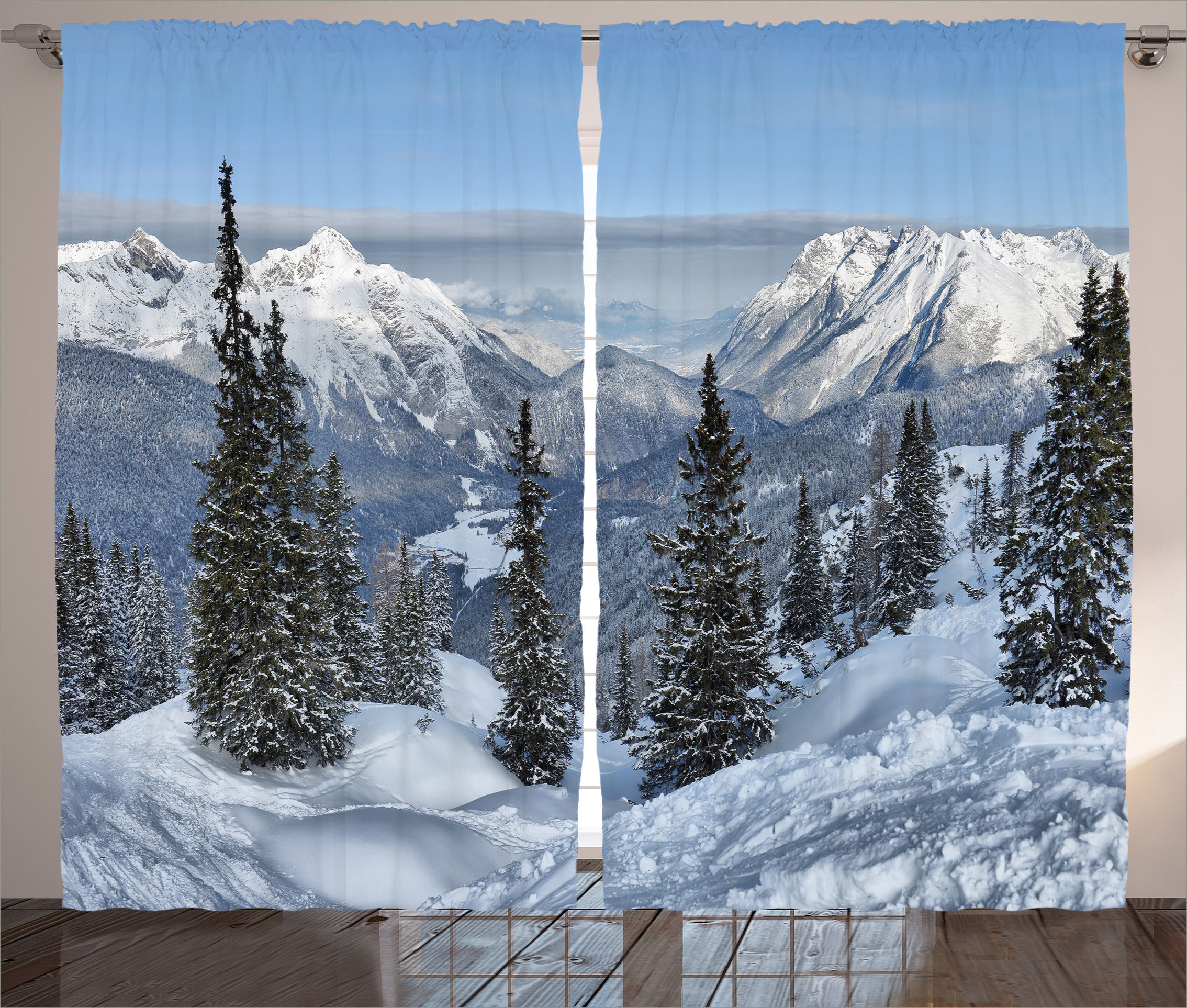 East Urban Home Snowy Pine Trees Decor Graphic Print Semi-Sheer Rod ...